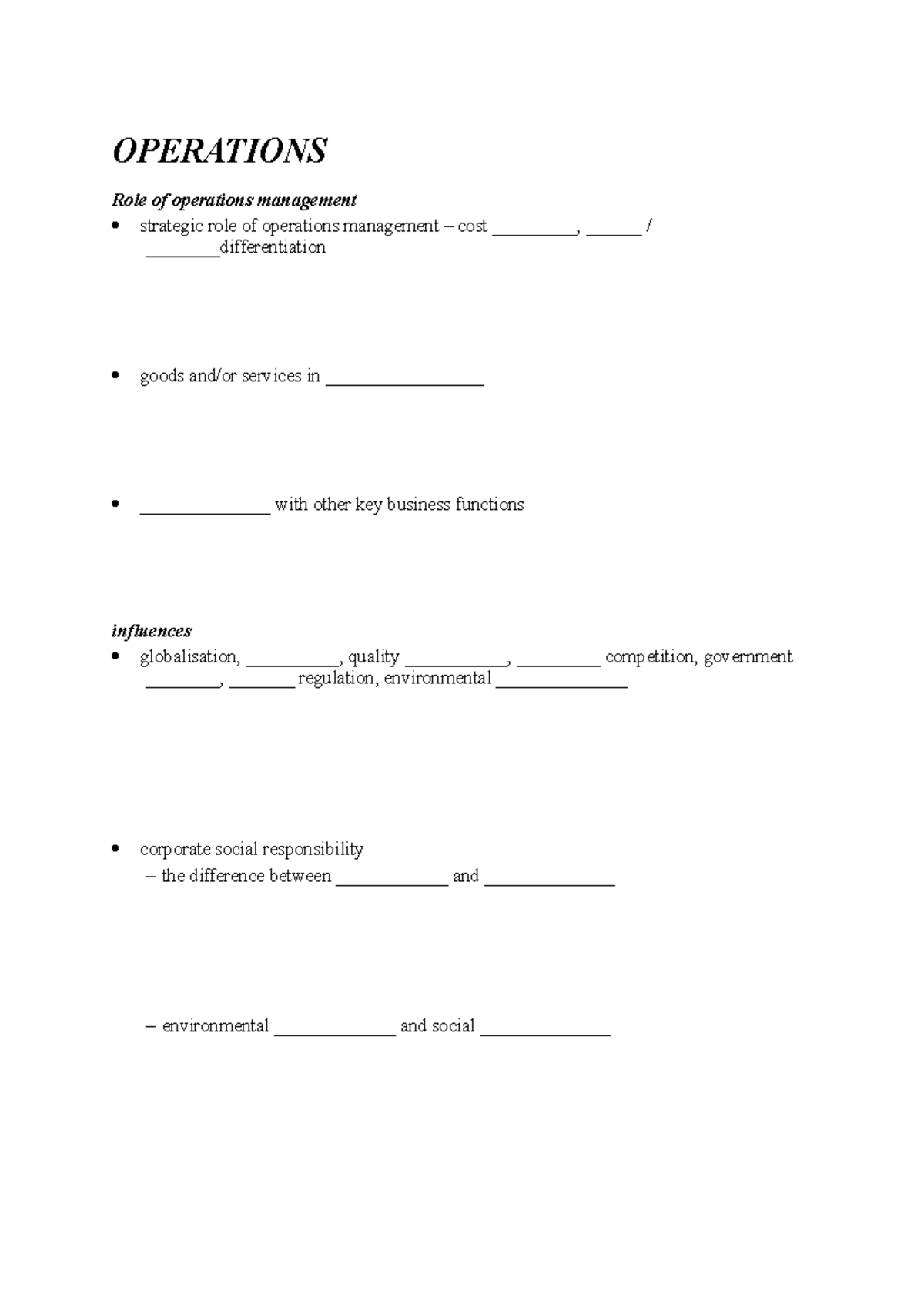 Fill in the blank - Business syllabus - OPERATIONS Role of operations ...