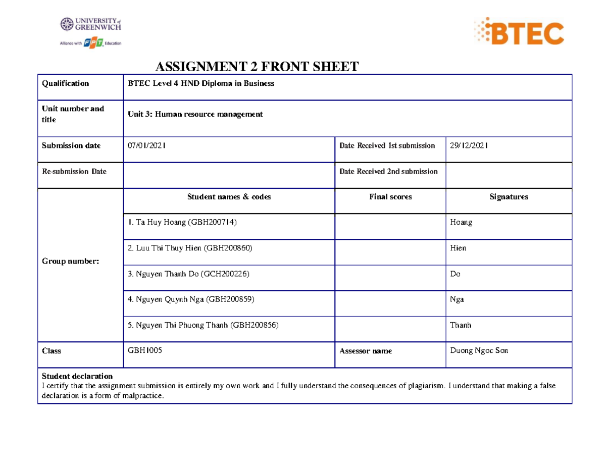 487 - 487 assignment 2 group 1 final 2020 2021 - ASSIGNMENT 2 FRONT SHEET Qualification BTEC ...