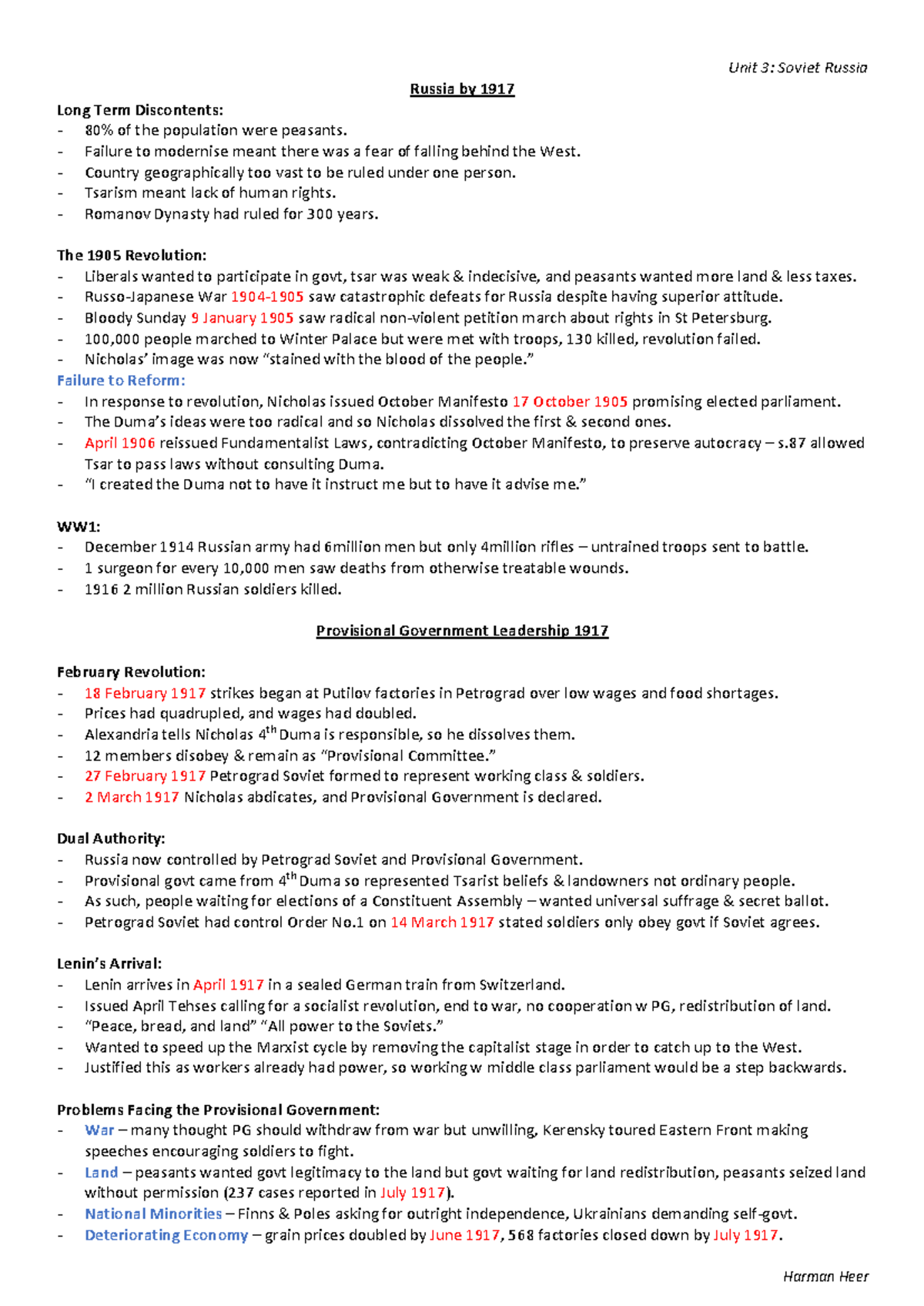 Year 12 modern history notes - Unit 3: Soviet Russia Russia by 1917 ...