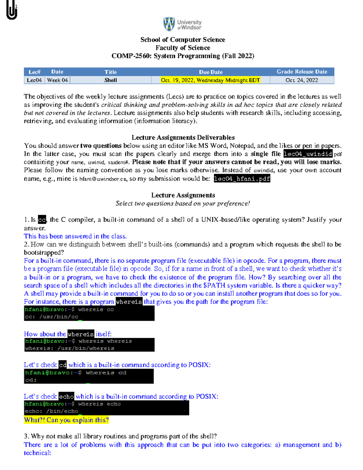 Lec Assignment 3 Answers - 1 School of Computer Science Faculty of Science COMP-2560: System ...