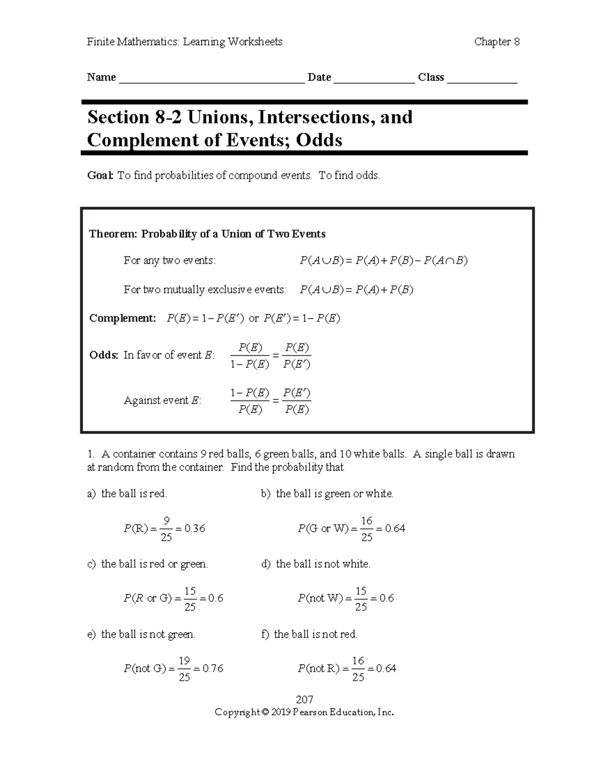 8 - Unions, Intersections, and Complement of Events; Odds practice ...