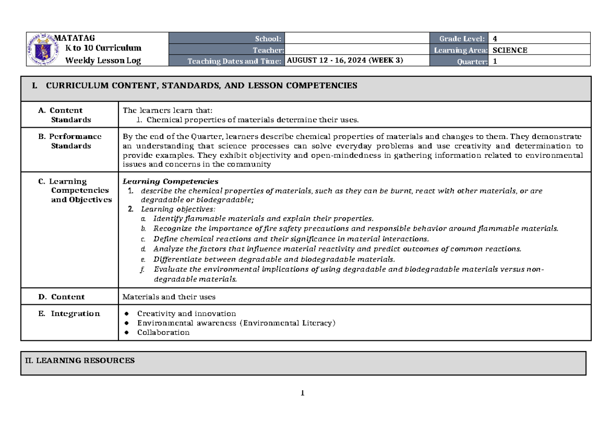 DLL Matatag Science 4 Q1 W3 Lesson 3 - MATATAG K To 10 Curriculum