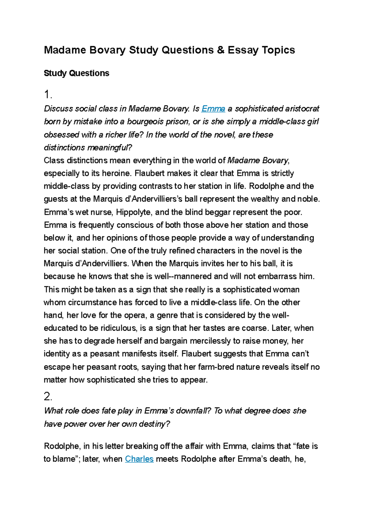 Madame Bovary Study Questions - Henry V - Madame Bovary Study Questions ...
