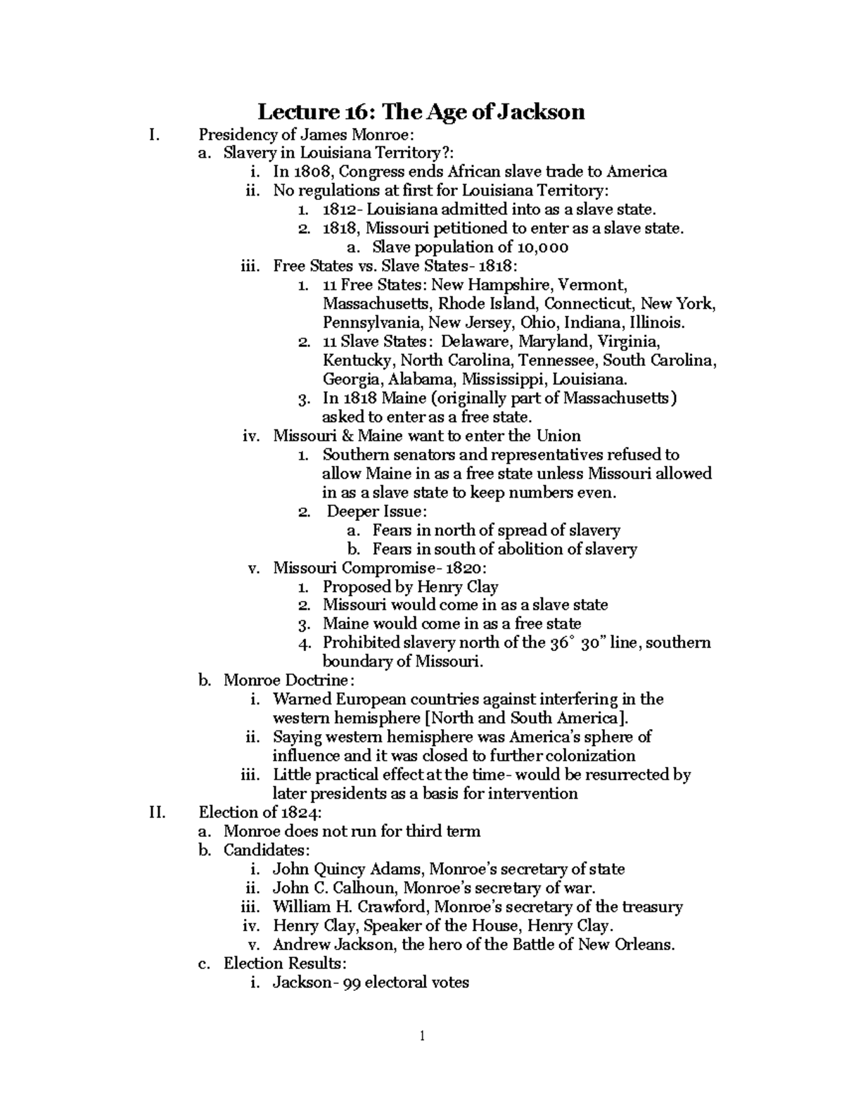 Lecture 16- The Age of Jackson (03-23)- Outline - Lecture 16: The Age ...