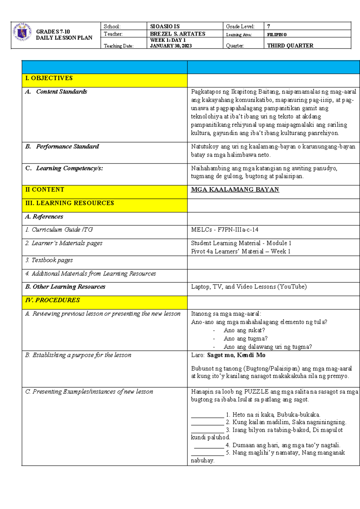 1st COT Lesson Plan - Classroom Observation Tool - GRADES 7- DAILY ...