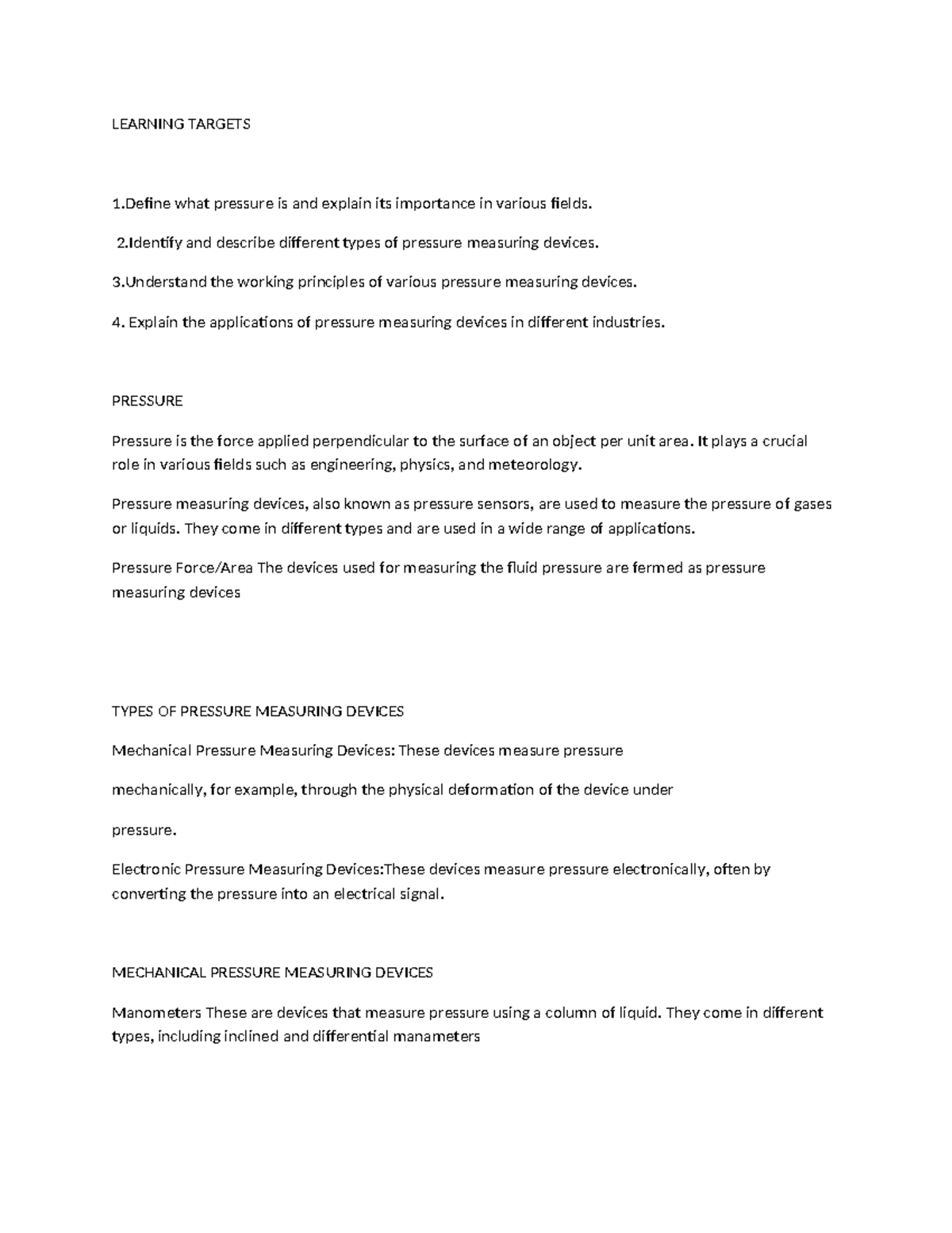 Pressure Measuring Devices - LEARNING TARGETS 1 what pressure is and ...