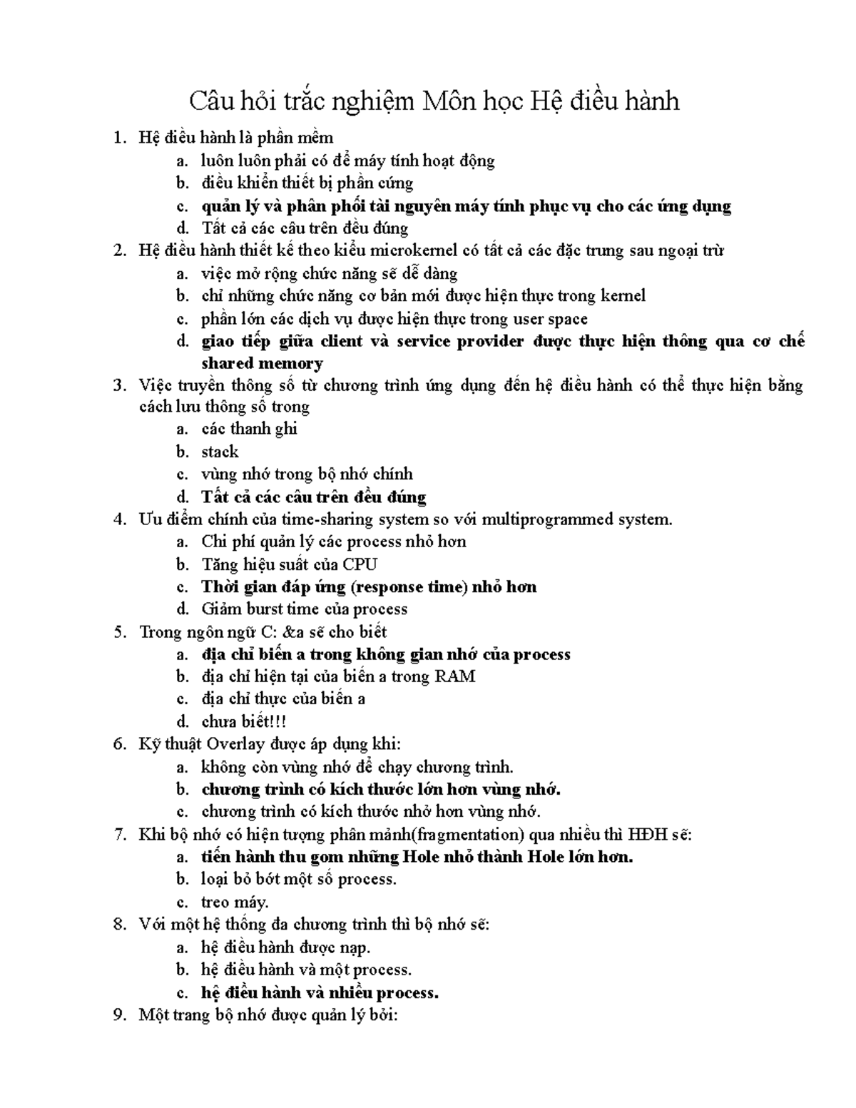 Trac Nghiem He Dieu Hanh - Câu hỏi trắc nghiệm Môn học Hệ điều hành Hệ ...