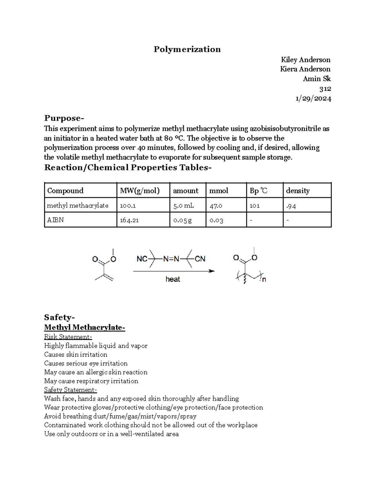 O Chem lab 2 - lab 2 - Polymerization Kiley Anderson Kiera Anderson ...