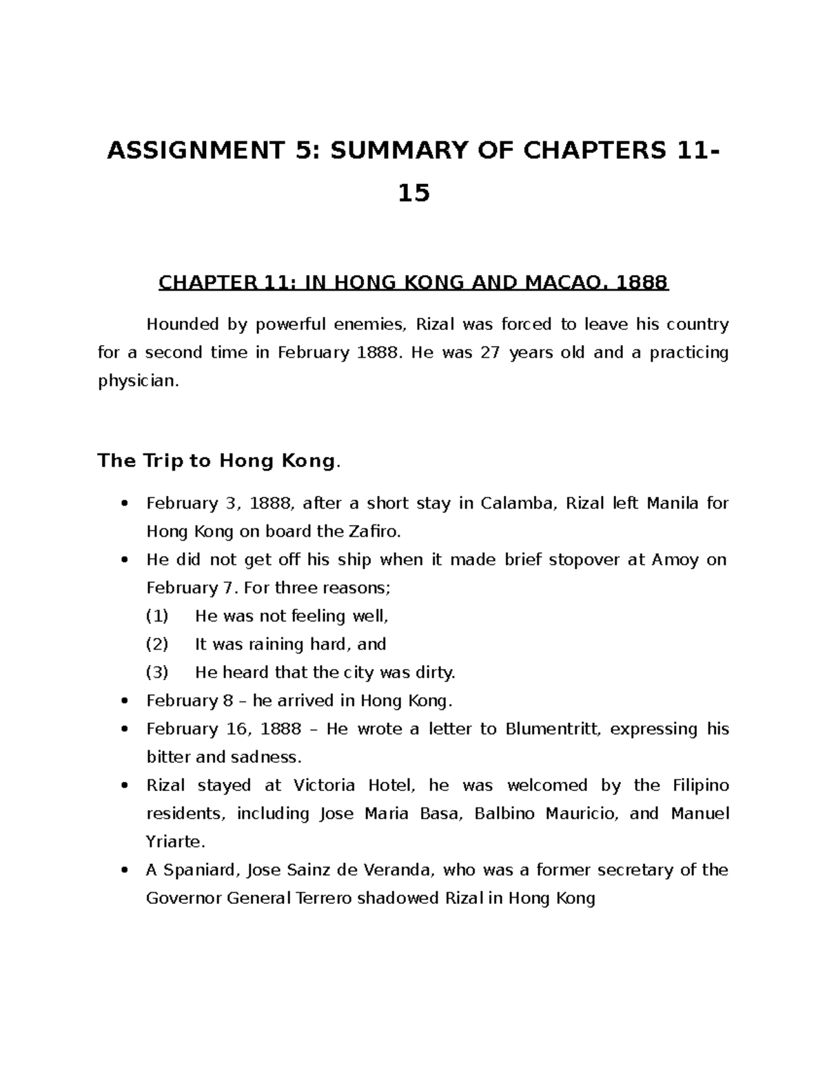Life and Works of Rizal (Zaide) Chapter 11-15 Summaries - ASSIGNMENT 5: SUMMARY OF CHAPTERS 11 ...