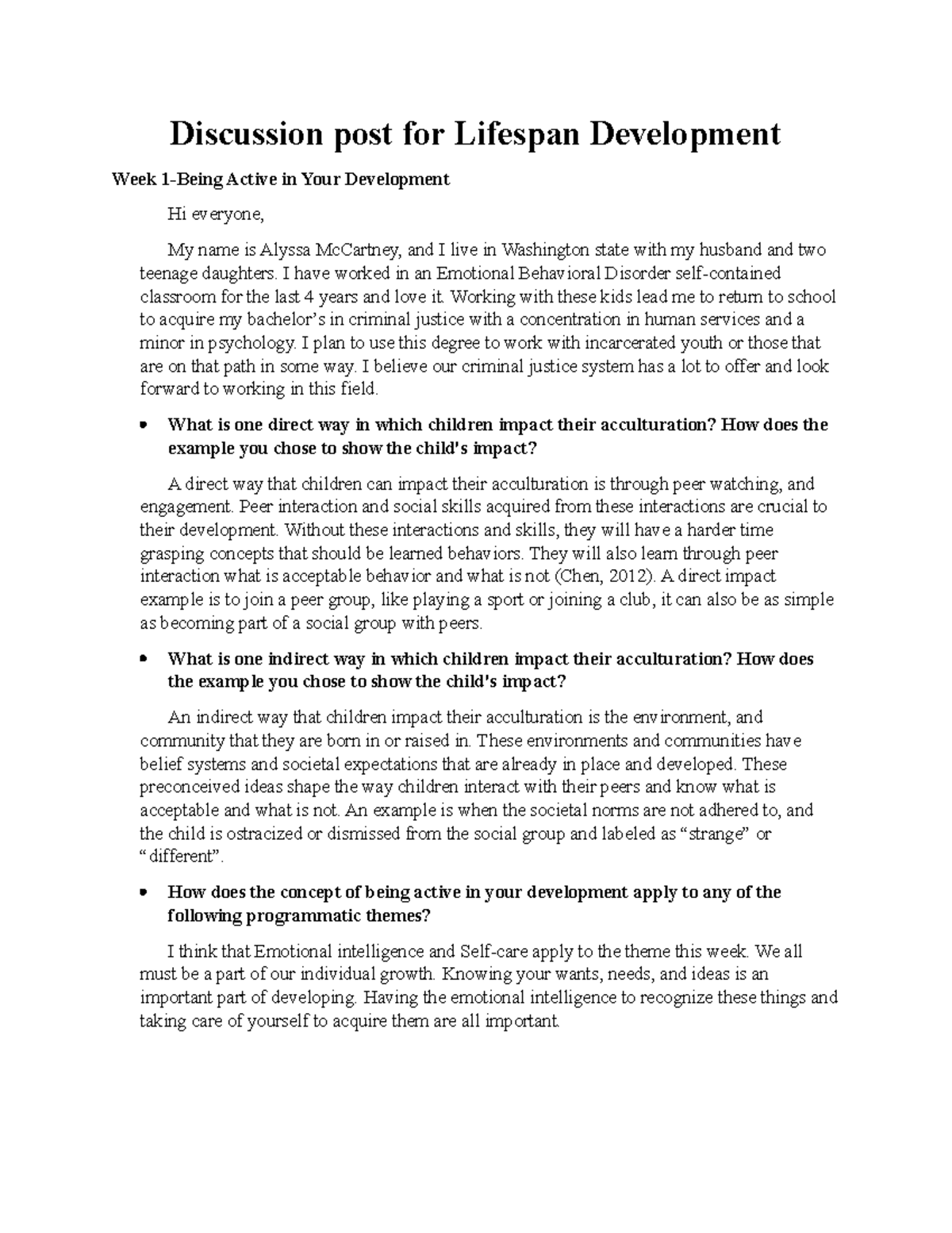 Discussion Posts-Lifespan Development - Discussion post for Lifespan ...