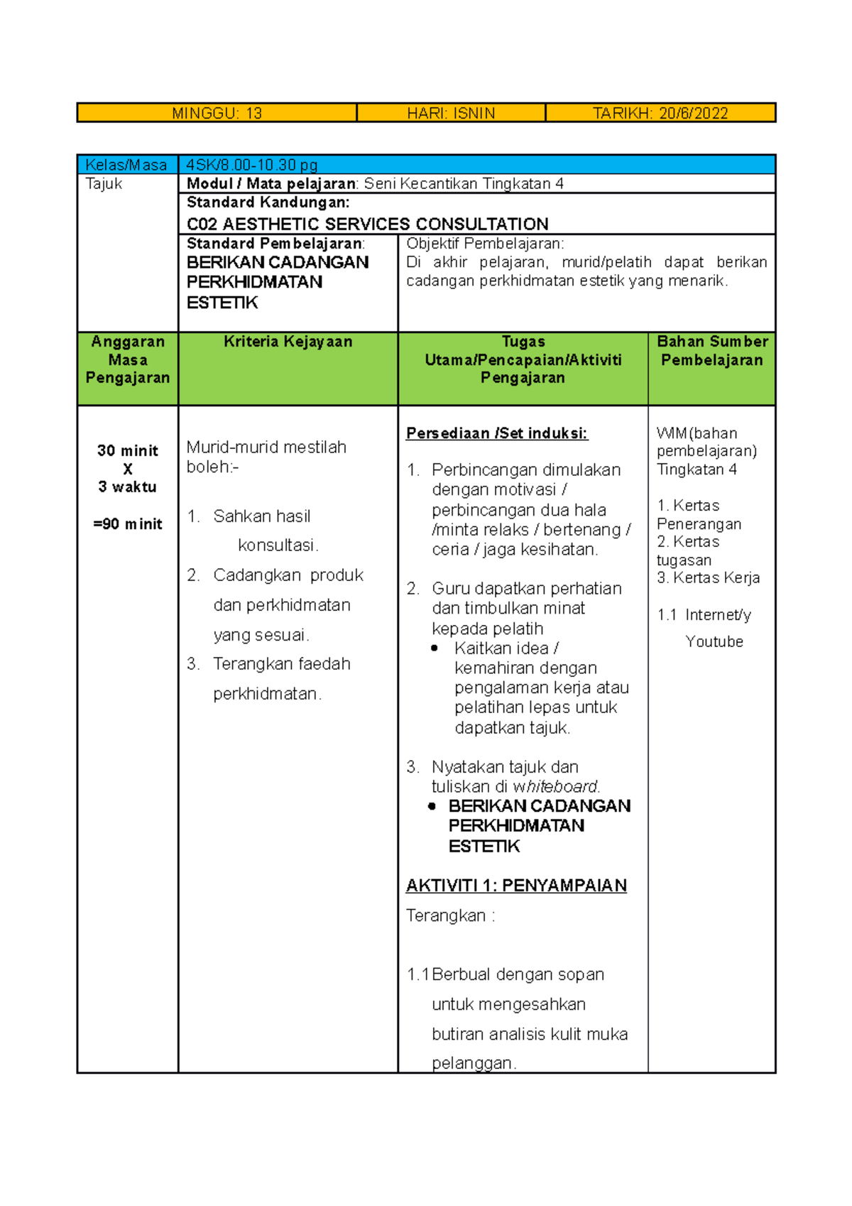 RPH Minggu 13 - contoh rph - MINGGU: 13 HARI: ISNIN TARIKH: 20/6/ Kelas ...