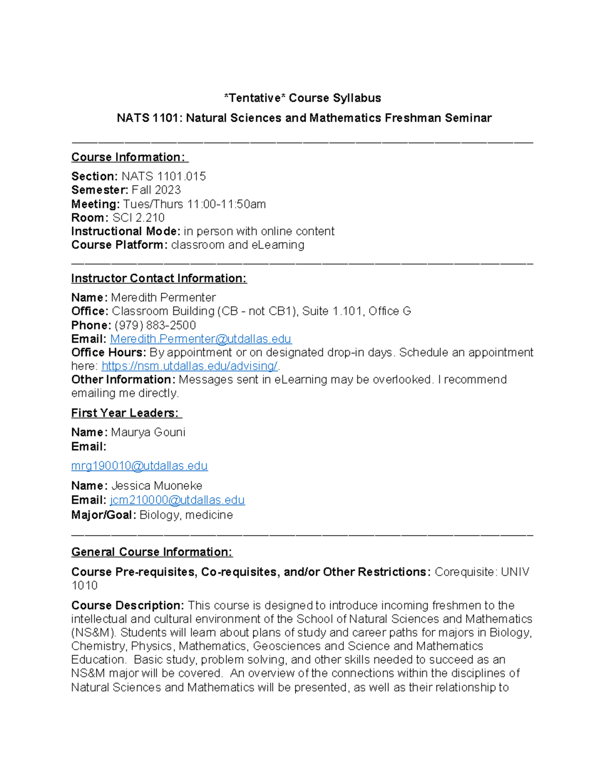23F NATS 1101.015 Syllabus 3 - Tentative Course Syllabus NATS 1101 ...