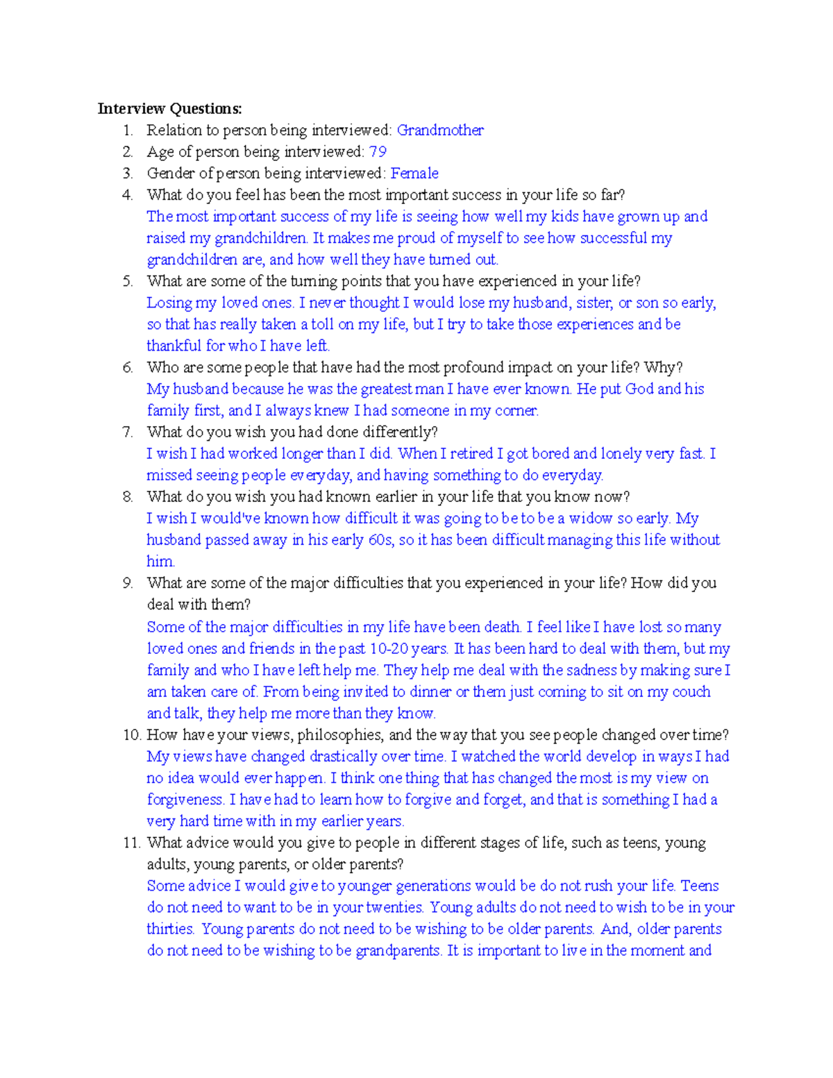 Late Adulthood Assignment - Interview Questions: 1. Relation to person ...