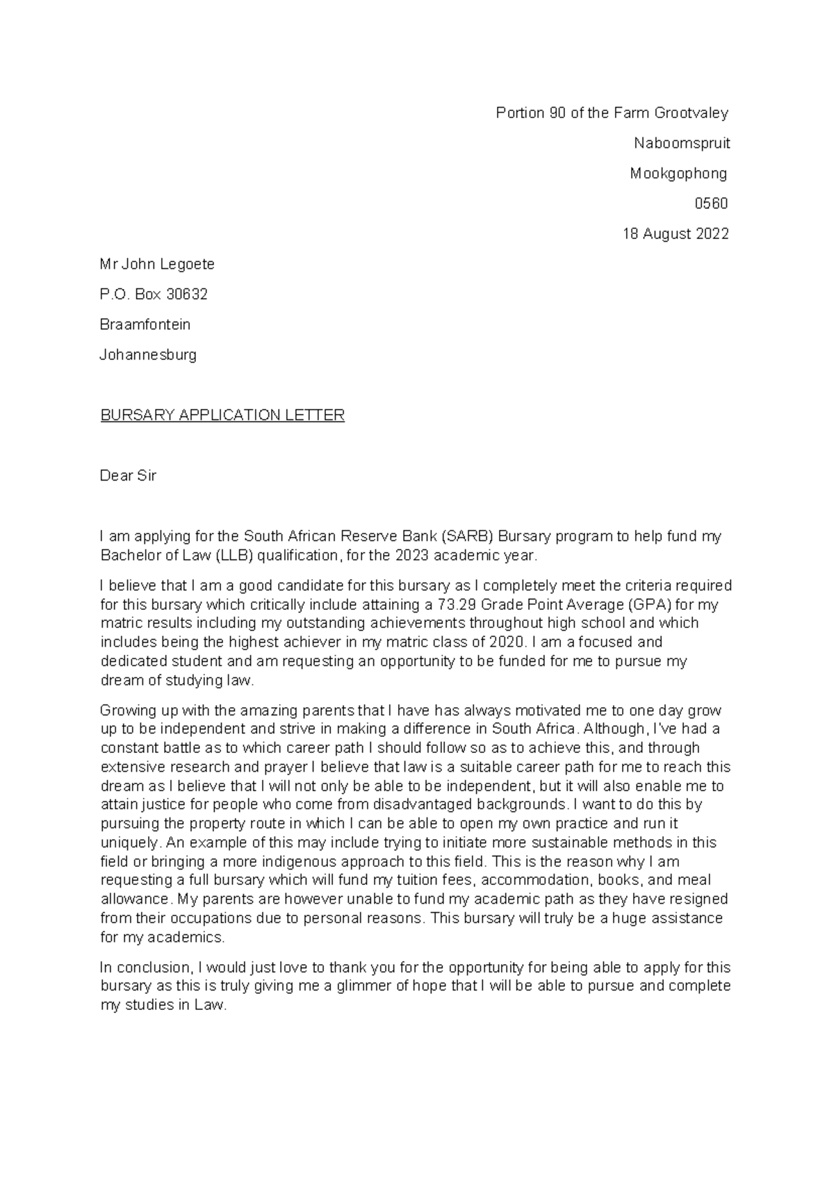 SARB Bursary Application Letter - Portion 90 of the Farm Grootvaley ...