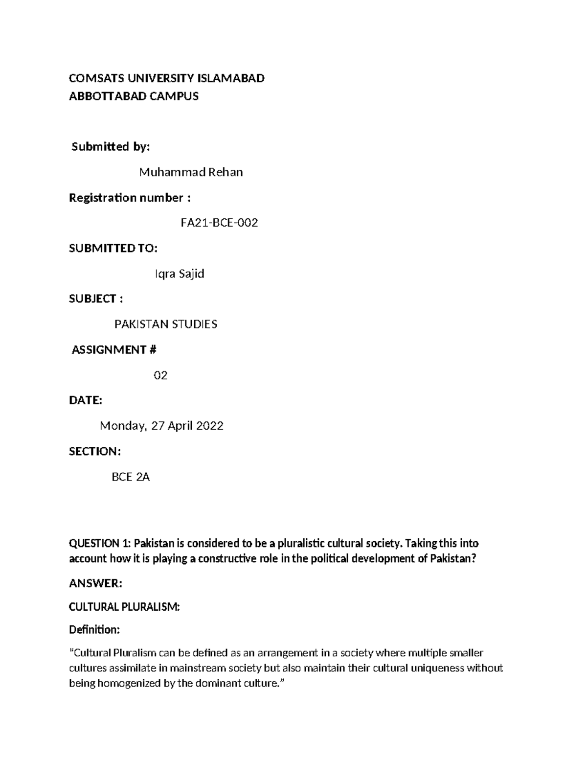 Pak study ass2 - COMSATS UNIVERSITY ISLAMABAD ABBOTTABAD CAMPUS Submitted by: Muhammad Rehan ...