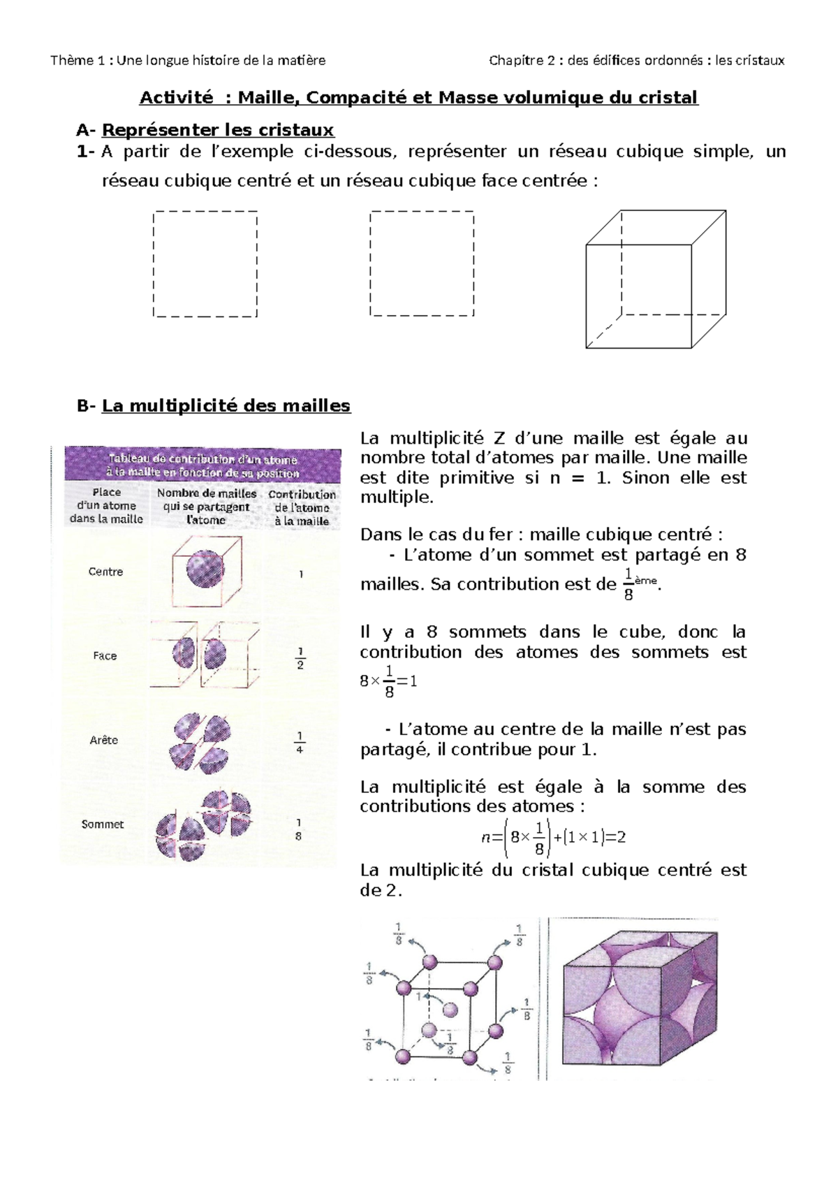 Activité 2 maille structure compacité et masse volumique - Thème 1 ...