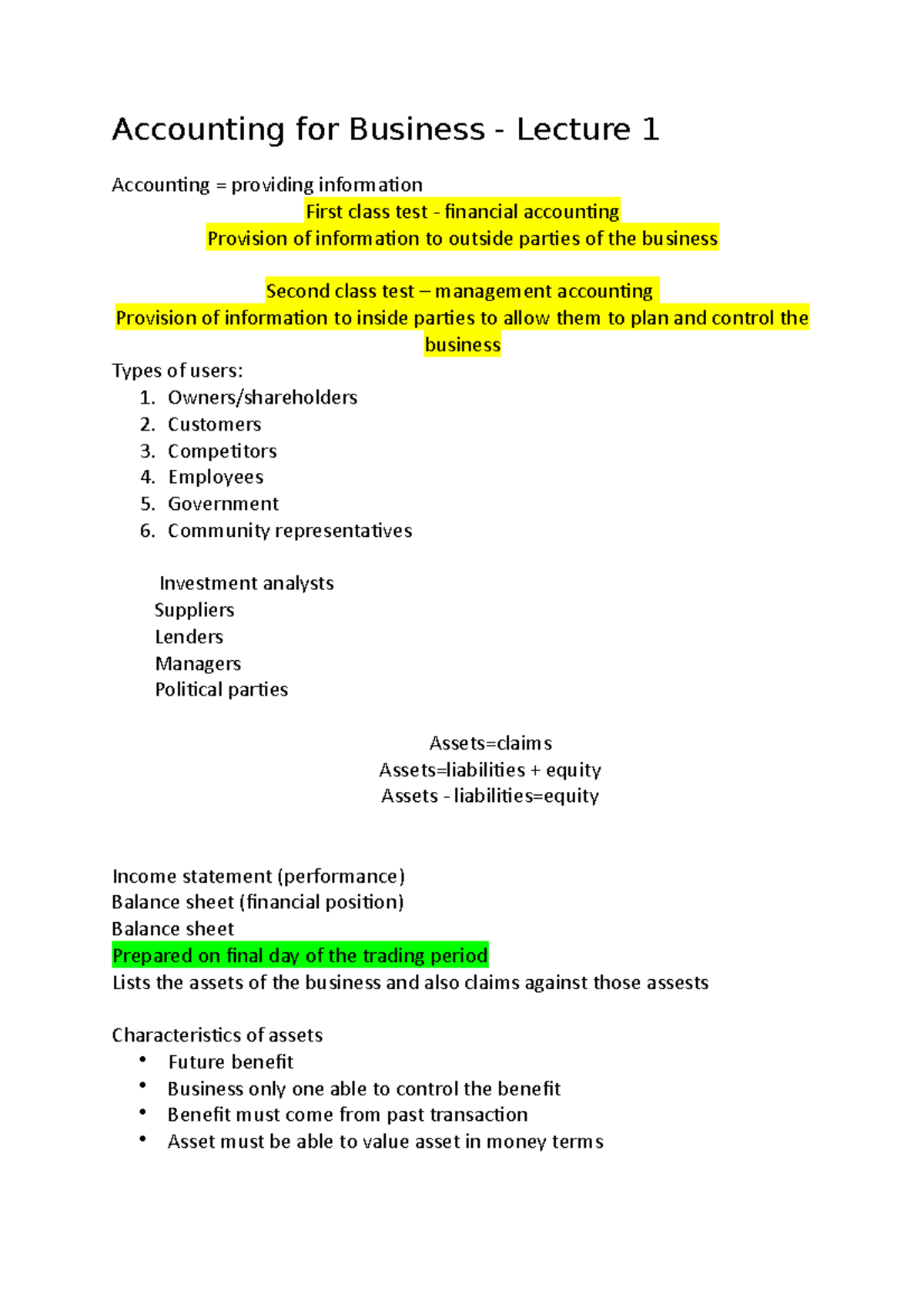 Lecture 1 - Financial statement and balance sheets - Accounting for ...