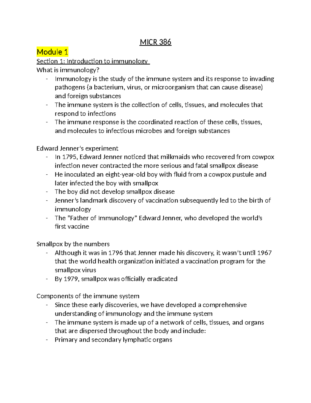 MICR 386 - Lecture notes Modules 1-8 - MICR 386 Module 1 Section 1 ...