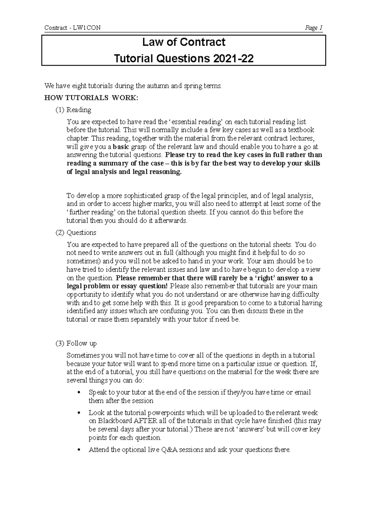Contract Tutorials 2021-22 - Law of Contract Tutorial Questions 2021- We have eight tutorials ...