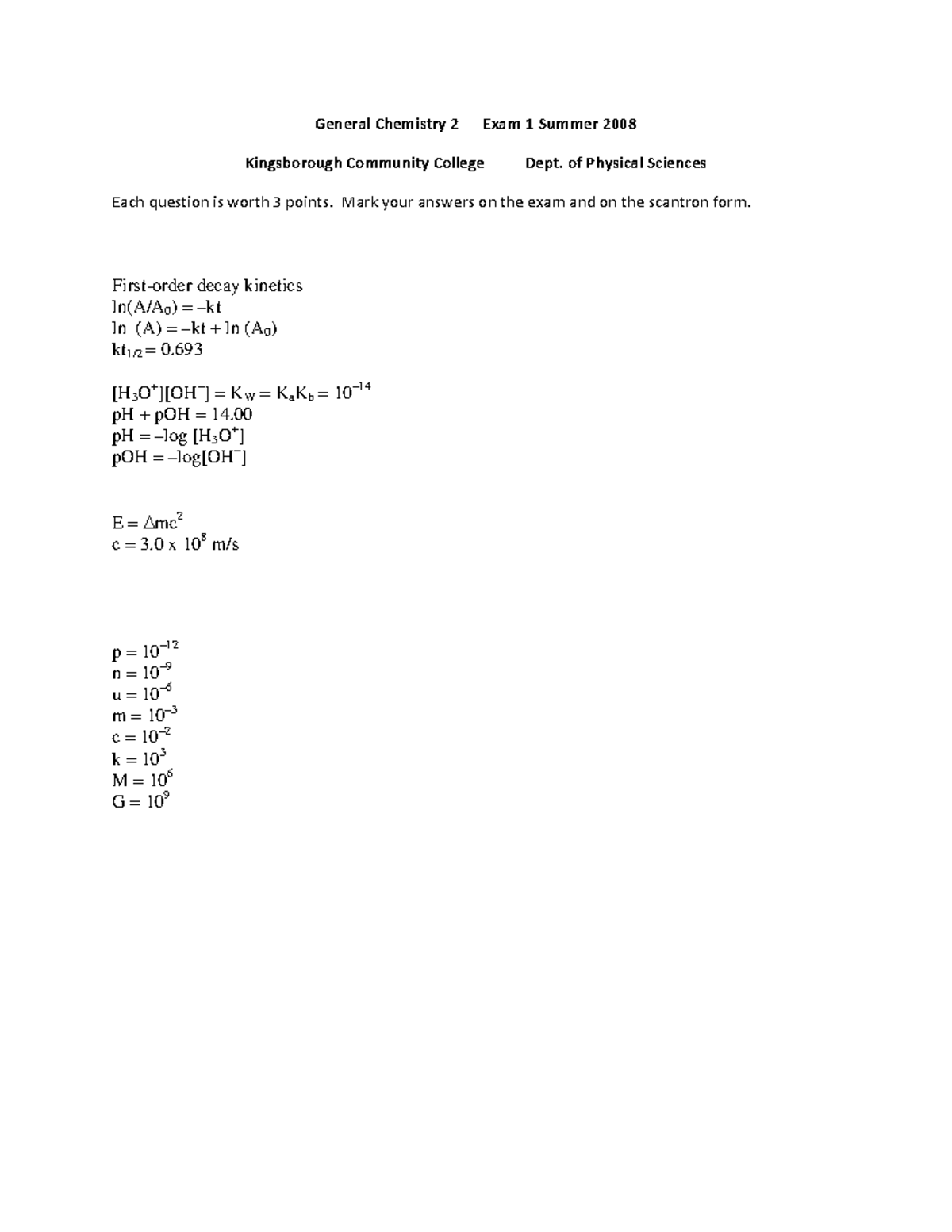 CHM1200Practice Exam 2 - General Chemistry 2 Exam 1 Summer 2008 Kingsborough Community College ...