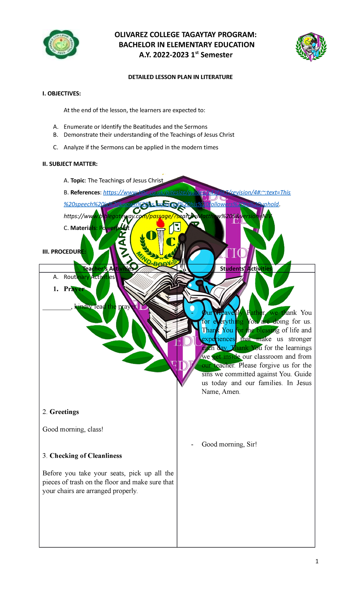 Lit2 Lesson Plan Teaching Of Jesus Christ - OLIVAREZ COLLEGE TAGAYTAY ...