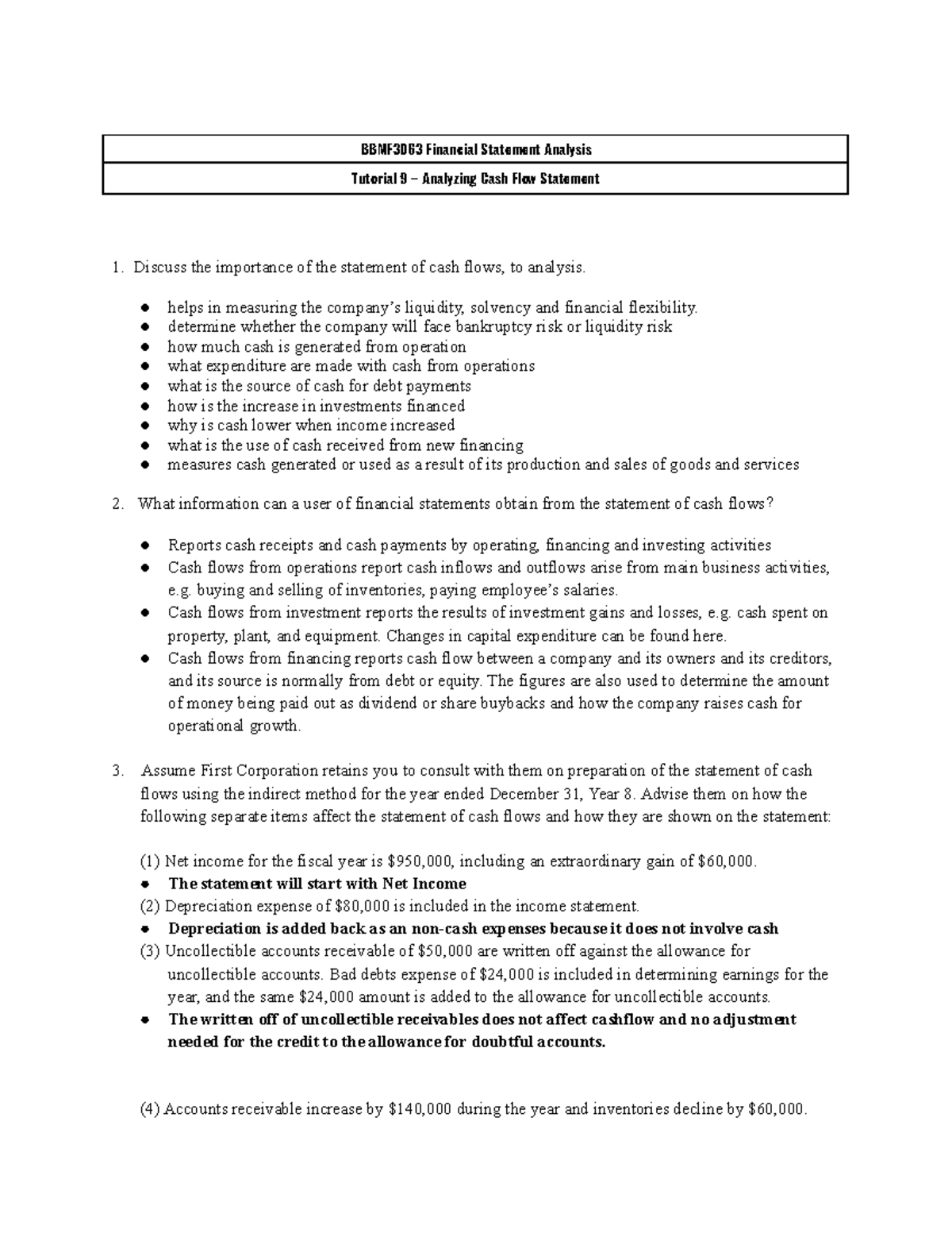 FSA Tutorial 9 - BBMF3063 Financial Statement Analysis Tutorial 9 ...