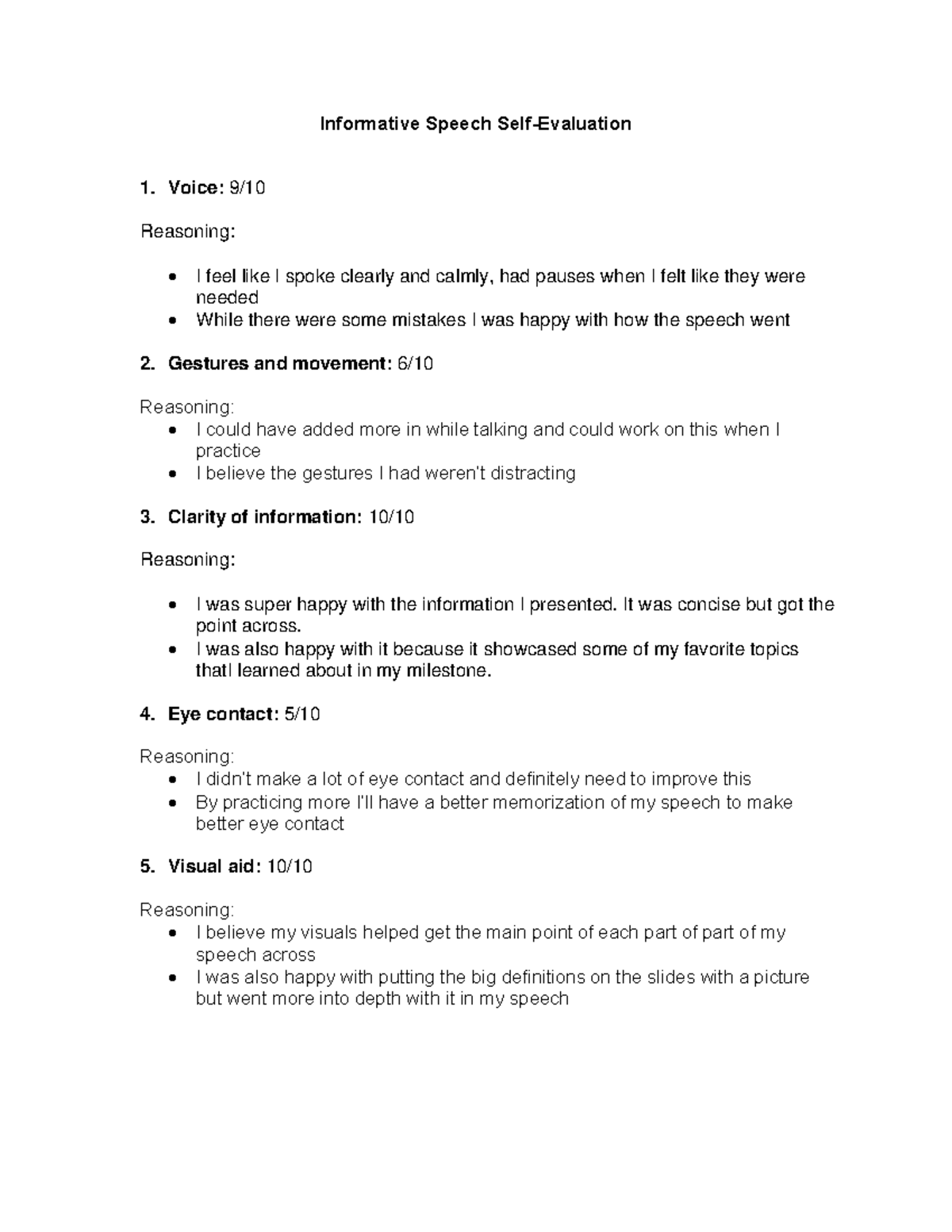 Informative Speech Self Evaluation- Melichar - Informative Speech Self ...