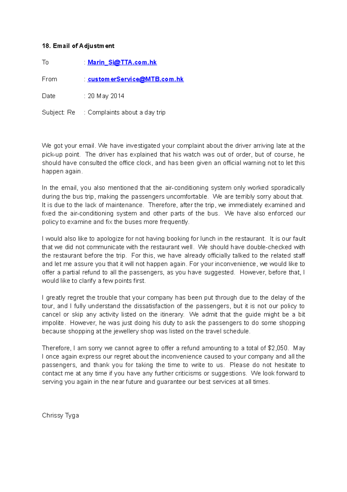 18 Email of Adjustment - Lecture notes 1 - 18. Email of Adjustment To ...