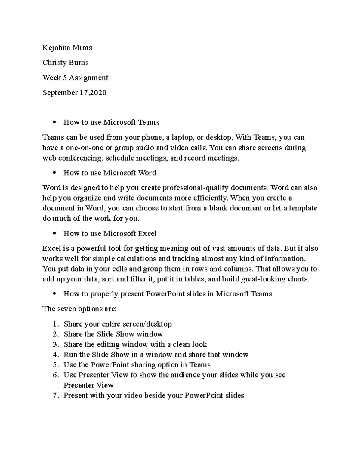 Week 5 Assignment - N/A - Kejohna Mims Christy Burns Week 5 Assignment ...