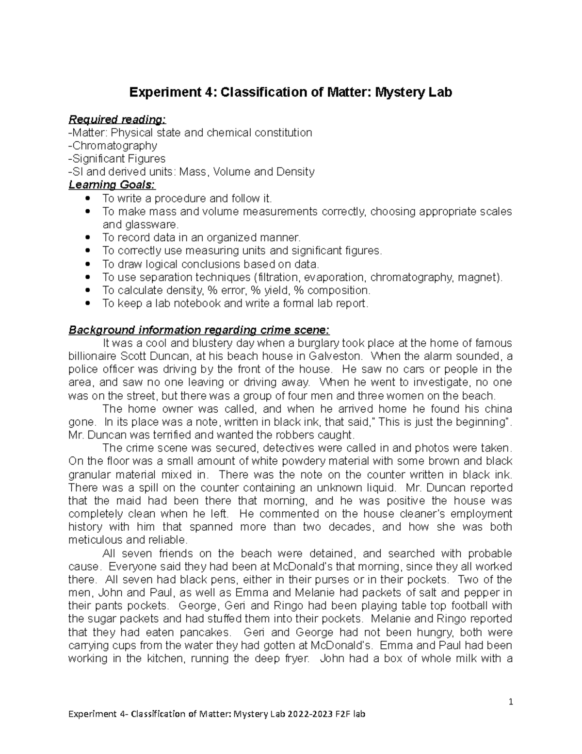 Experiment 4 Mystery Lab Experiment 4 Classification Of Matter Mystery Lab Required Reading