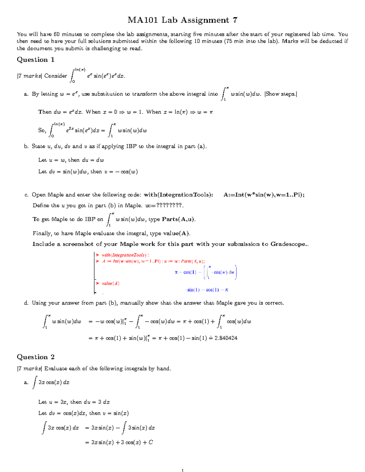 Lab 7 Solutions - MA101 Lab Assignment 7 You will have 60 minutes to ...