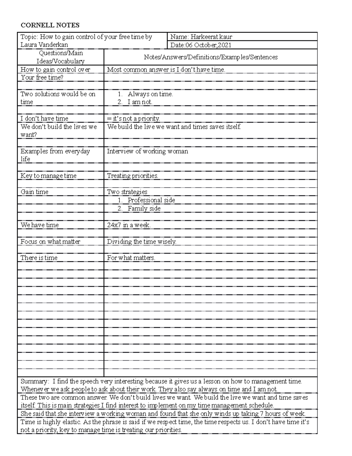 Cornell Notes Template 03 - CORNELL NOTES Topic: How to gain control of ...