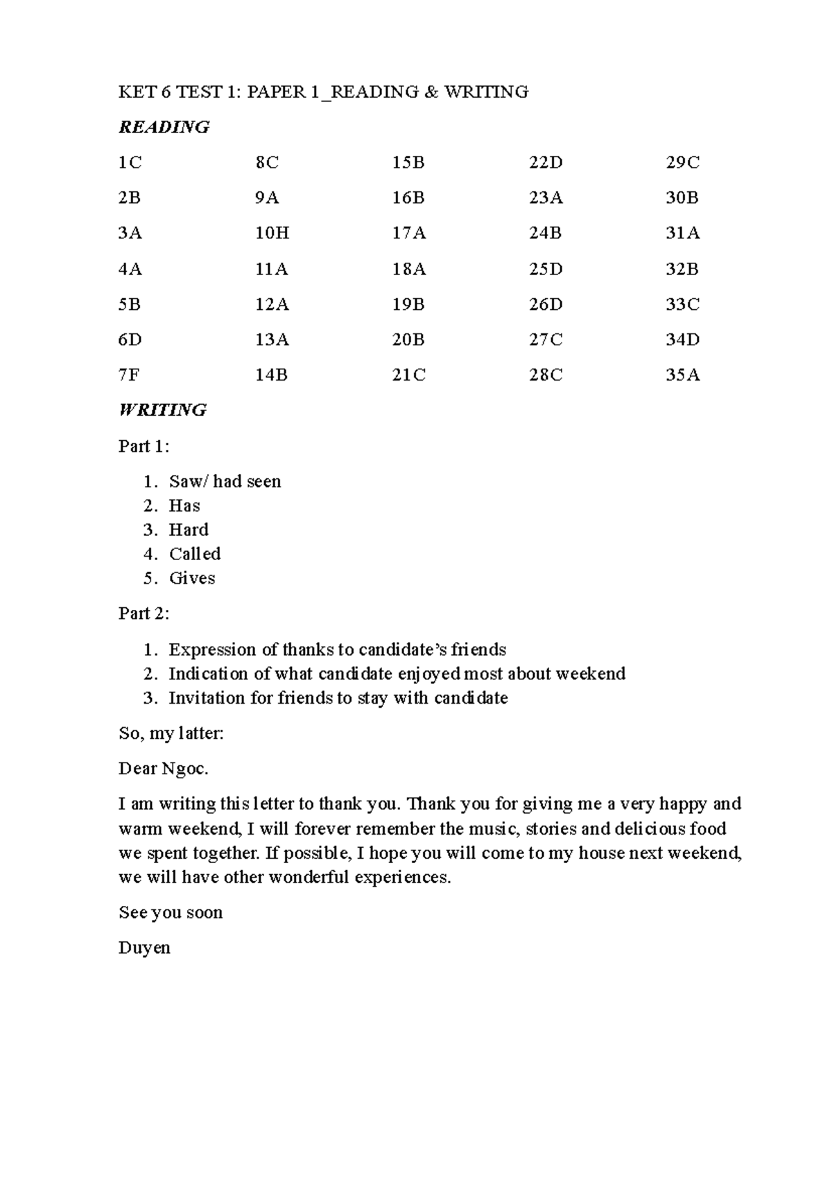 KET 6 TEST 1 Grammar KET 6 TEST 1 PAPER 1 READING WRITING READING