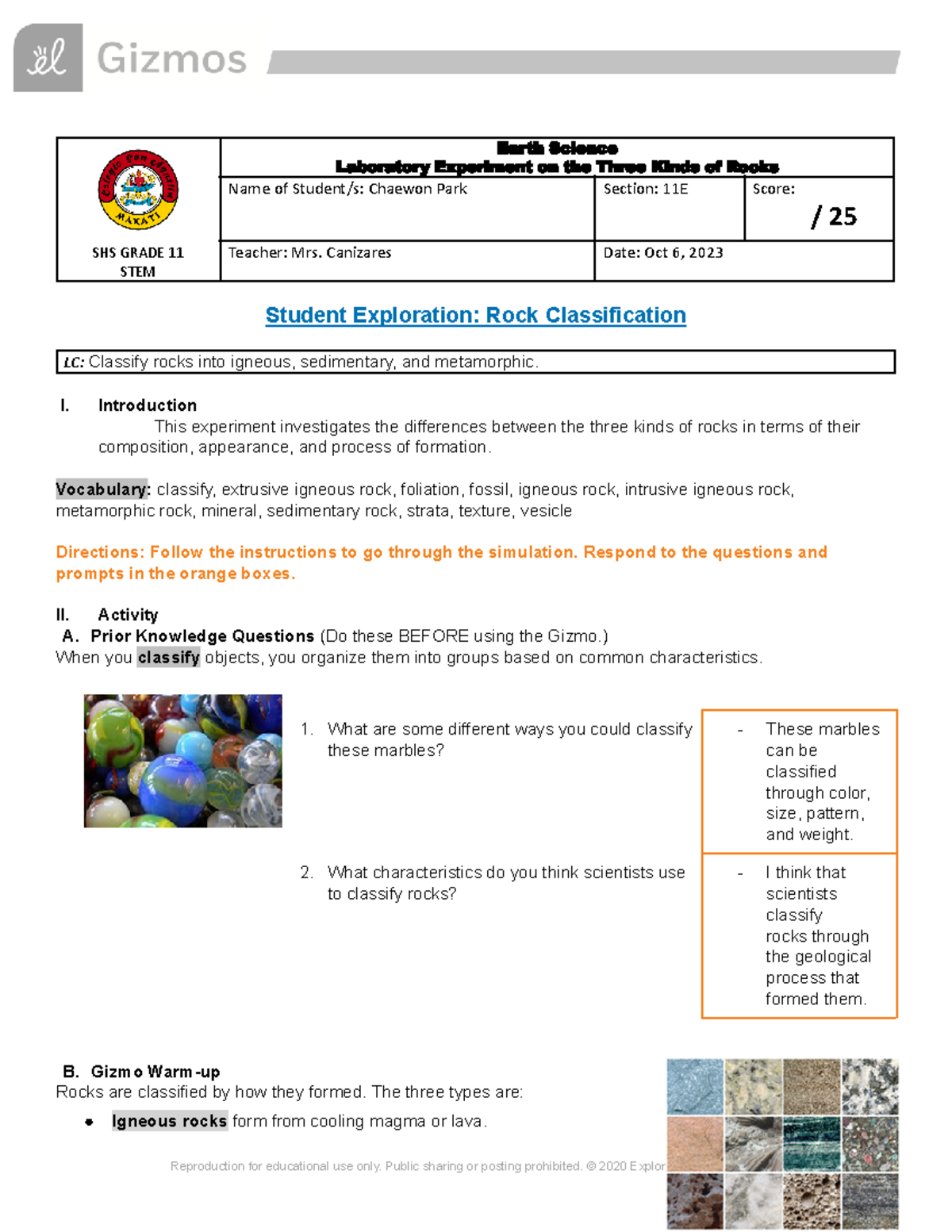 RockClassificationSE - SHS GRADE 11 STEM Earth Science Laboratory ...