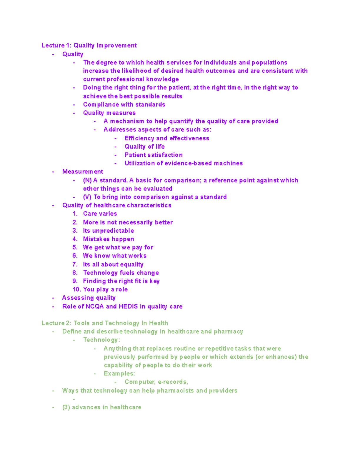 HCS Objectives Exam 2 - Lecture 1: Quality Improvement - Quality - The ...