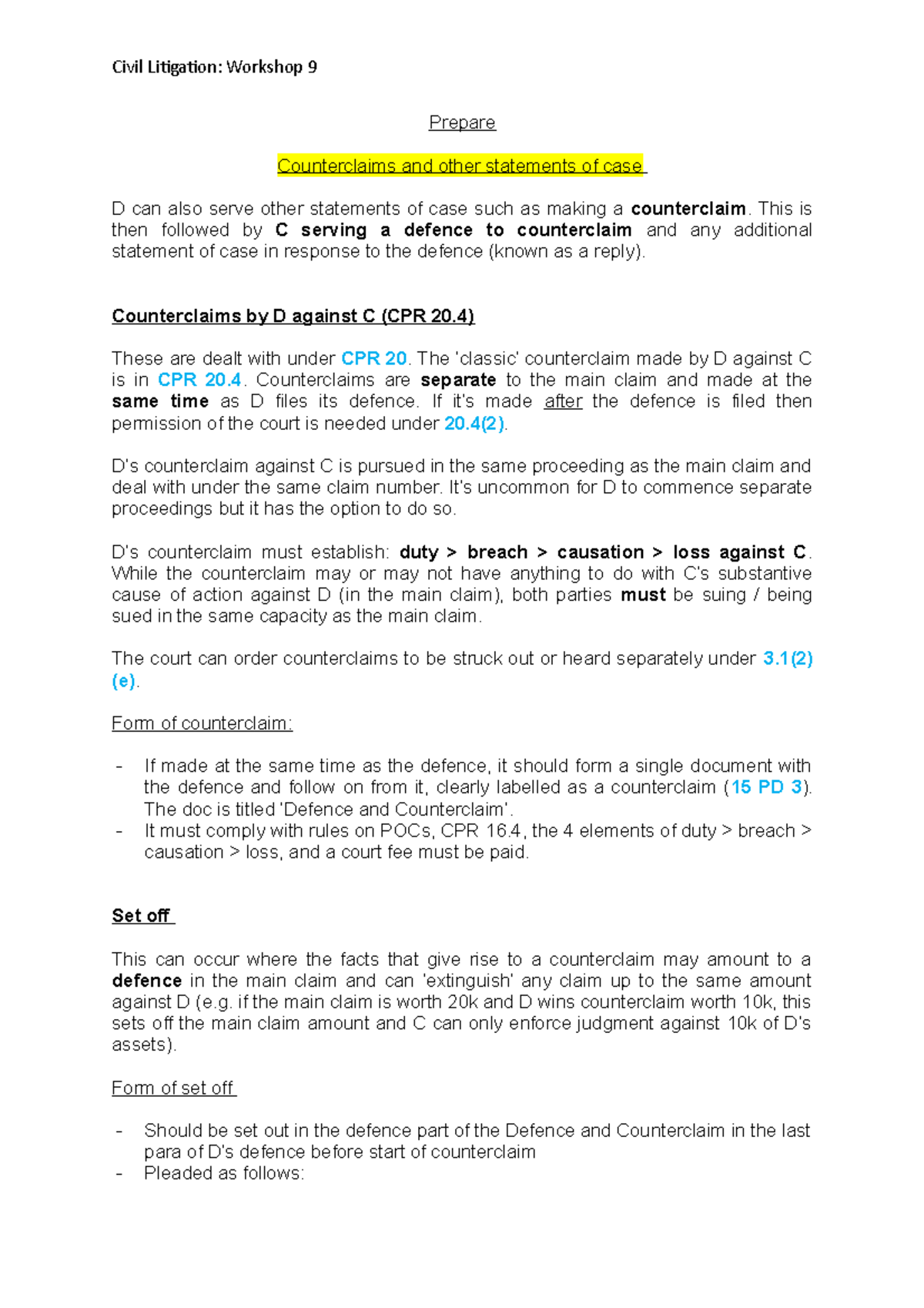 Civil W9 - Prepare/Apply/Collab/Consolidate Workshop notes. - Prepare ...