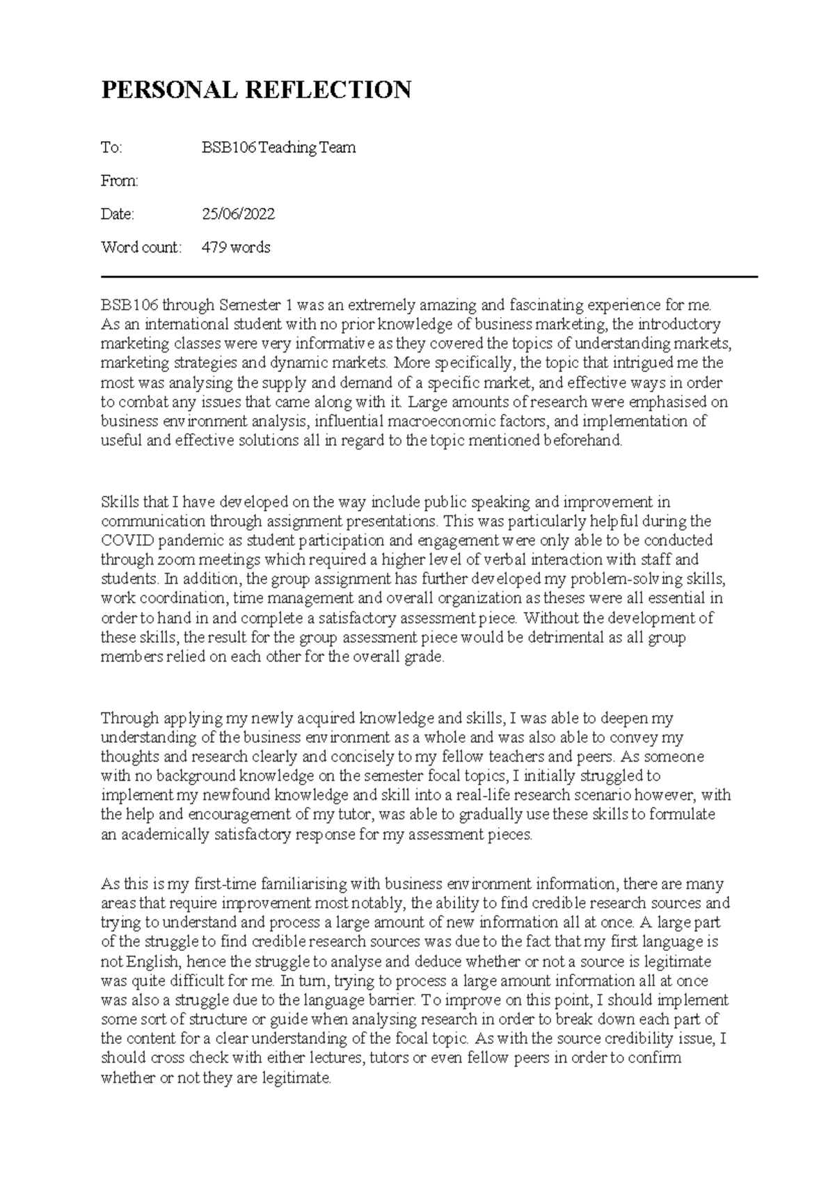 Personal Reflection - got gpa 6 - PERSONAL REFLECTION To: BSB106 ...