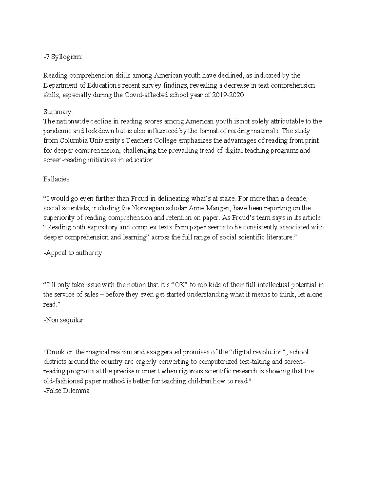 Major Premise Reading comprehension skills among American yo -7 ...