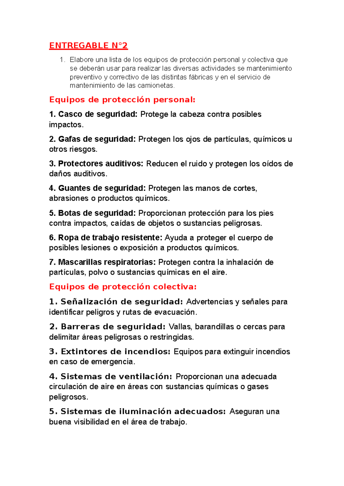 Entregable N - ENTREGABLE N° 1. Elabore una lista de los equipos de protección personal y ...