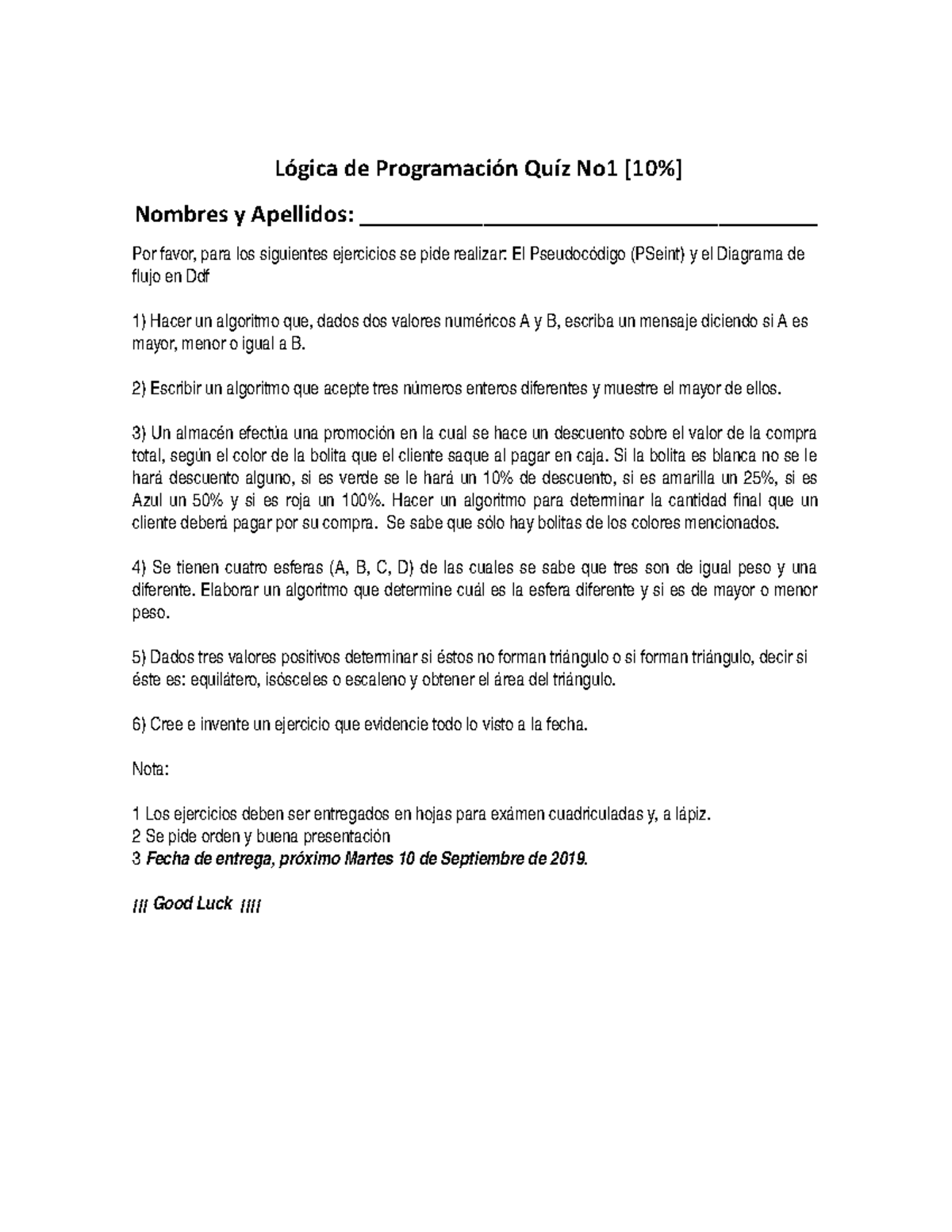 Ejercicios Quiz No 1 de Logica de programación - Lógica de Programación ...