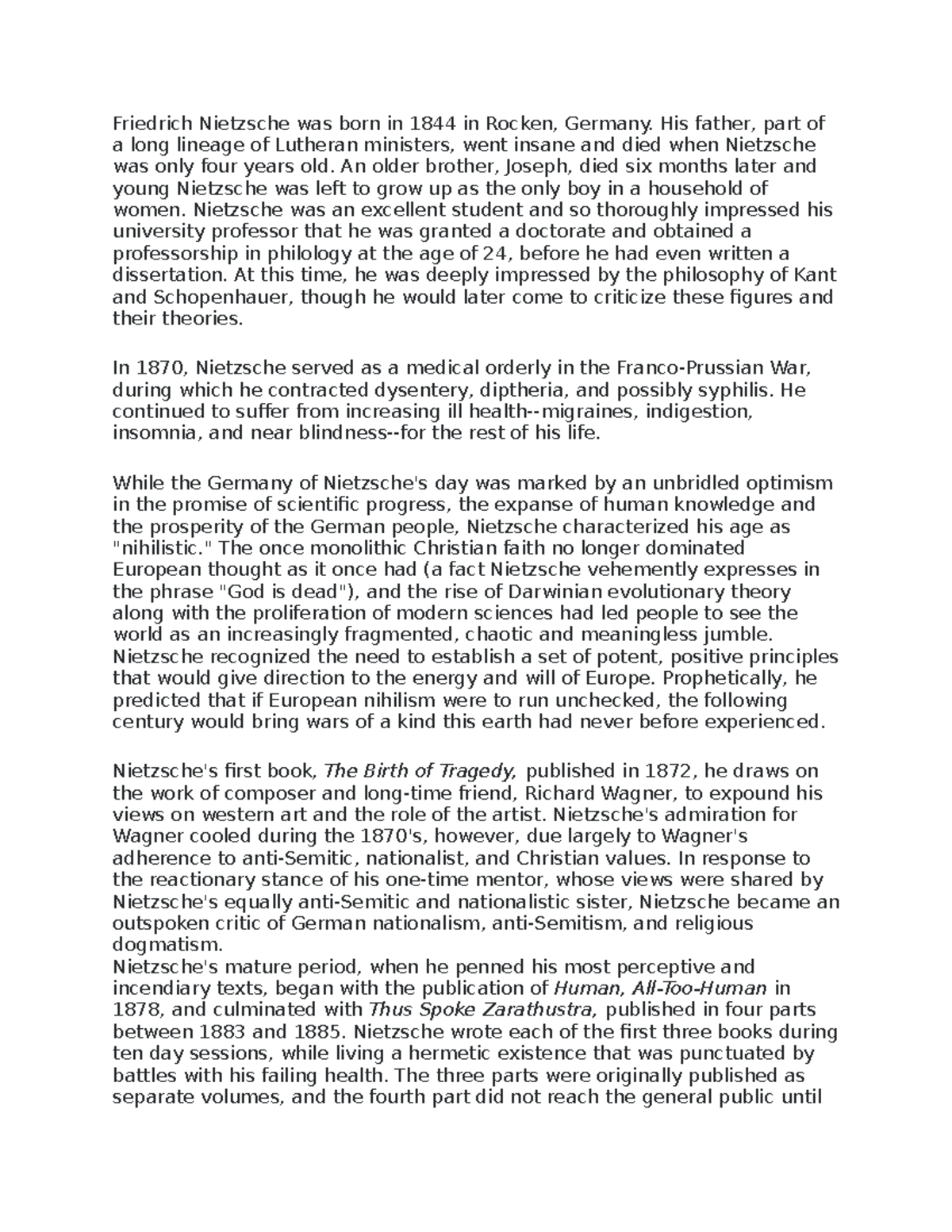 Philosphy 91 - Lecture Notes - Friedrich Nietzsche was born in 1844 in ...