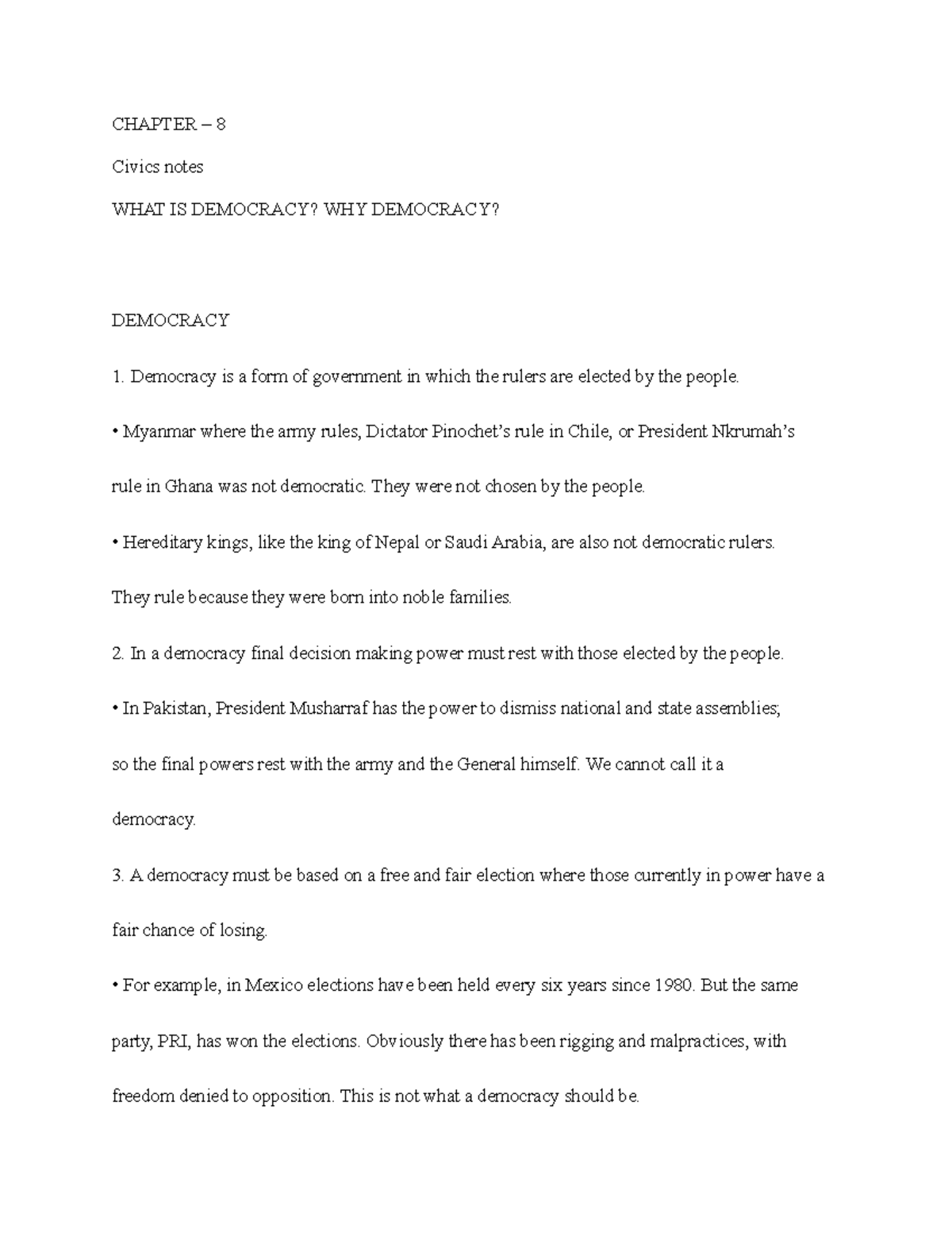 Chapter – 2 Civics Notes 1 - CHAPTER – 8 Civics notes WHAT IS DEMOCRACY ...