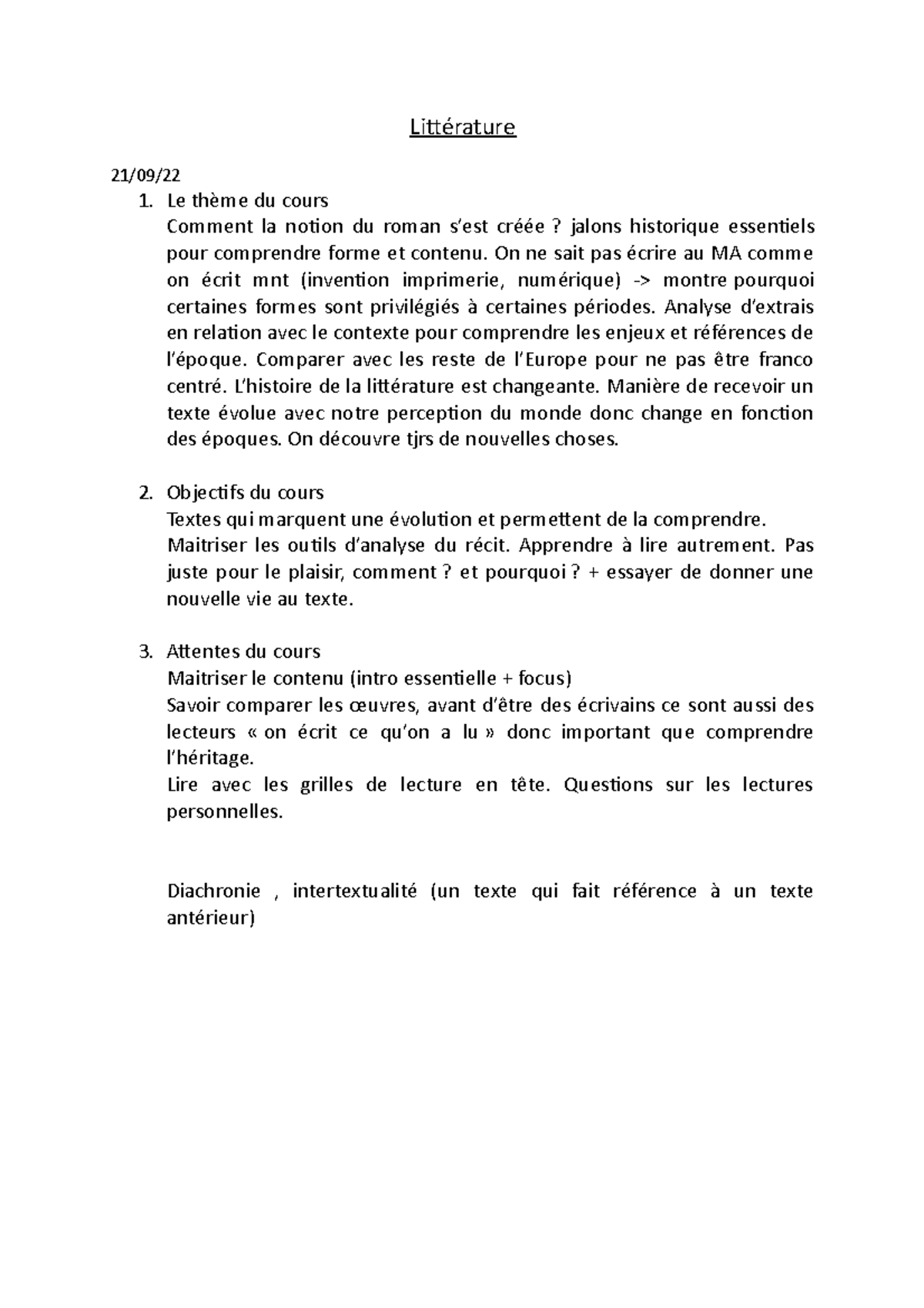 Notes de cours: Littérature premier quadri - Littérature 21/09/ 1. Le ...
