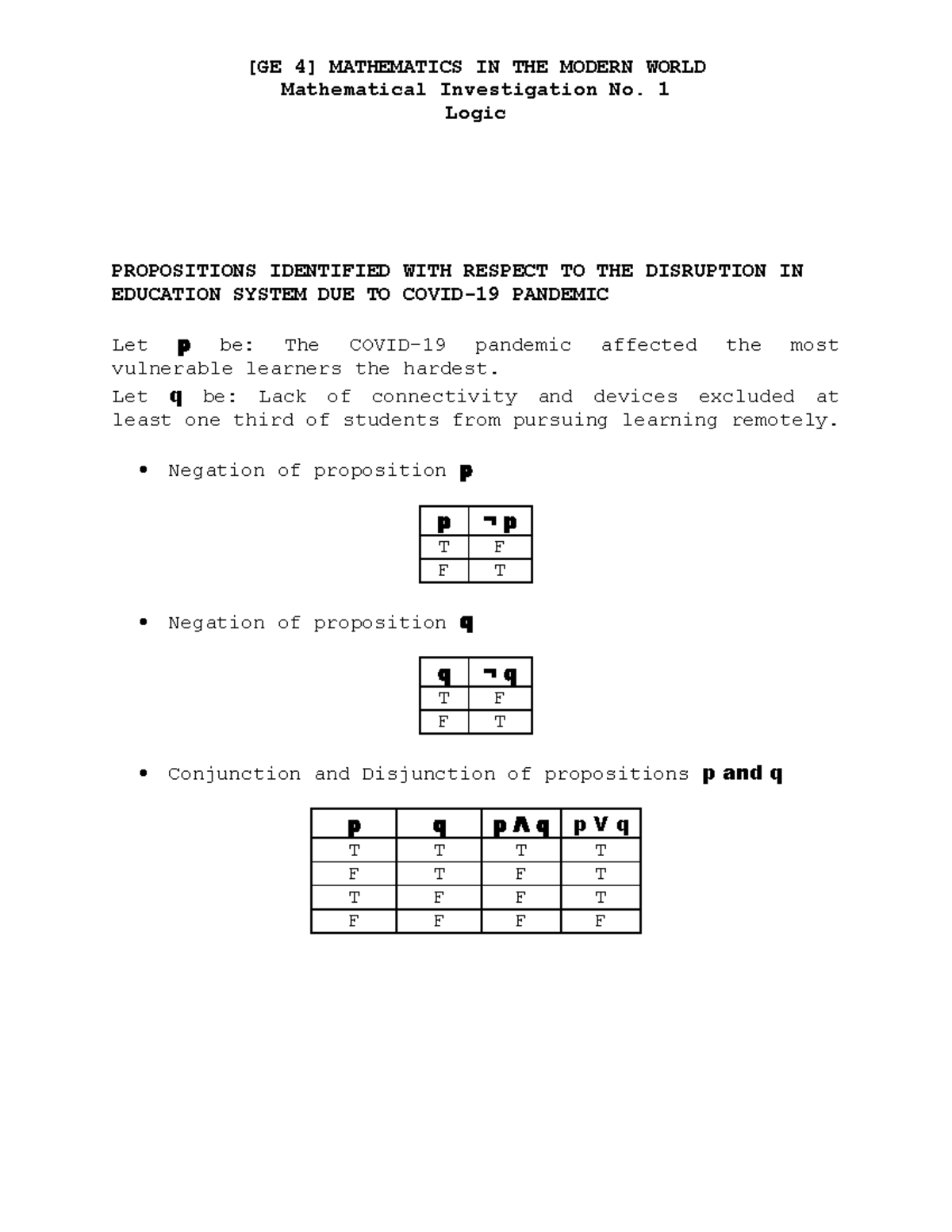 Identifying Propositions and Making of Truth Table - Mathematics - Studocu