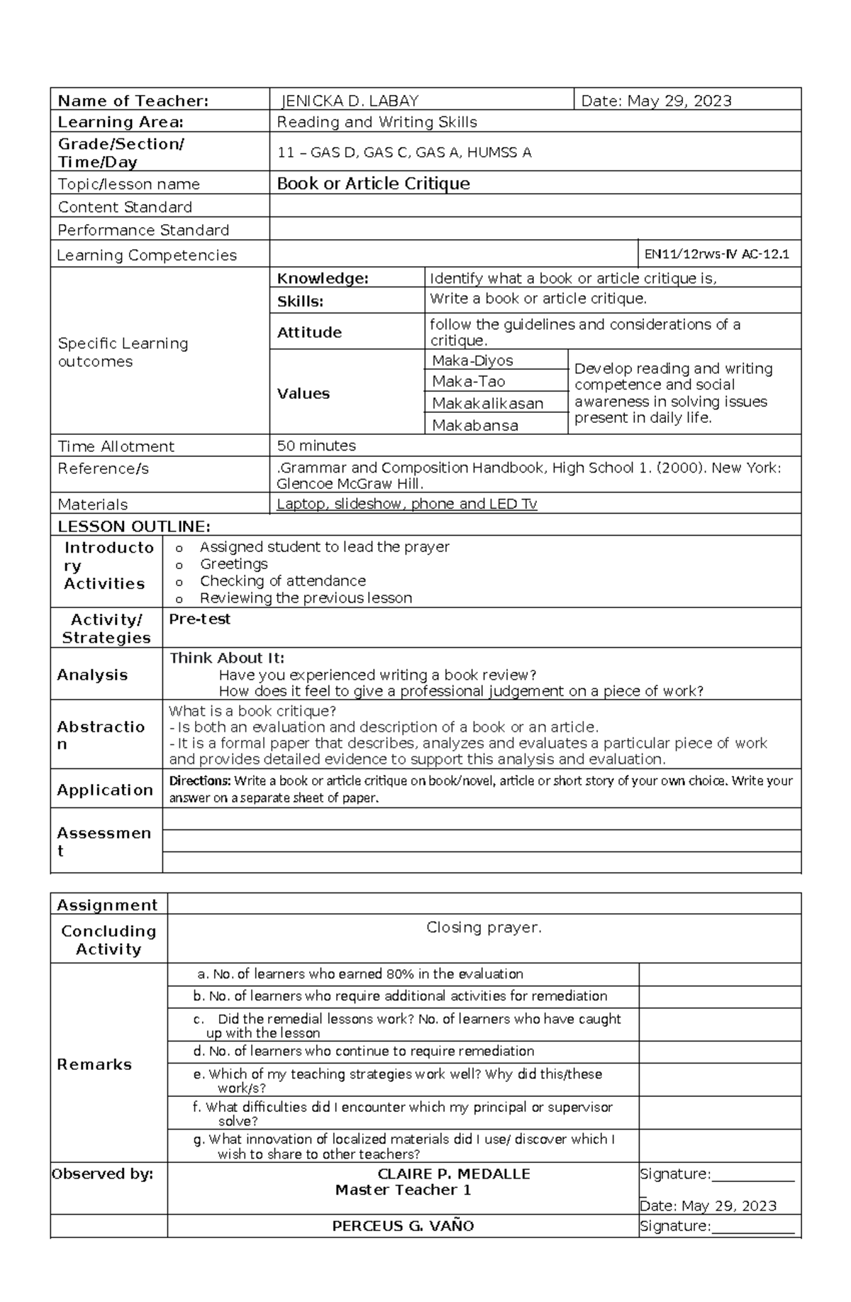 RWS LP May 29 - FOR LESSON PLANNING - Name of Teacher: JENICKA D. LABAY ...