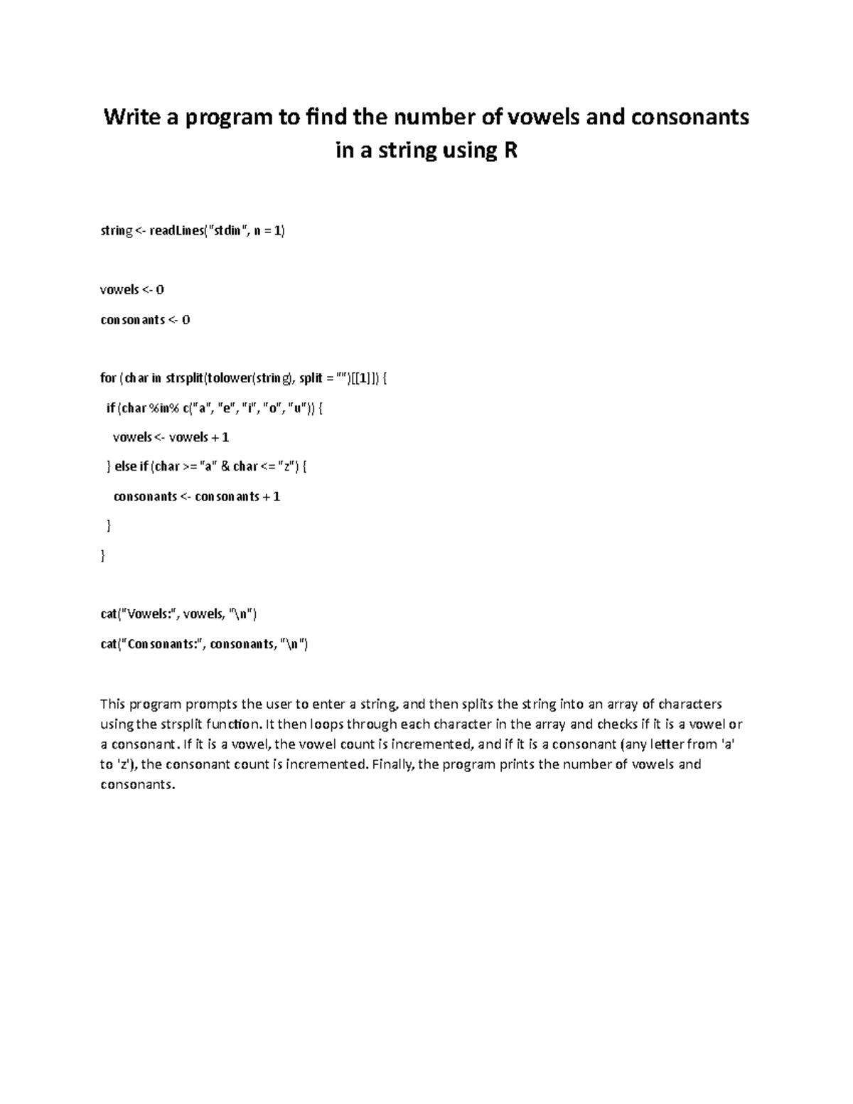 Using R - Write a program to find the number of vowels and consonants in a string using R string ...