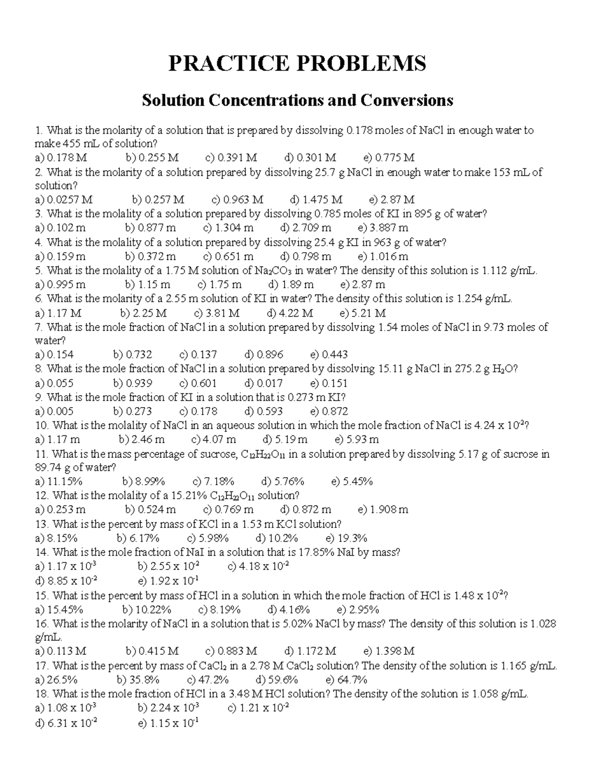 Practice Problems - Solution Concentrations and Conversions - PRACTICE ...