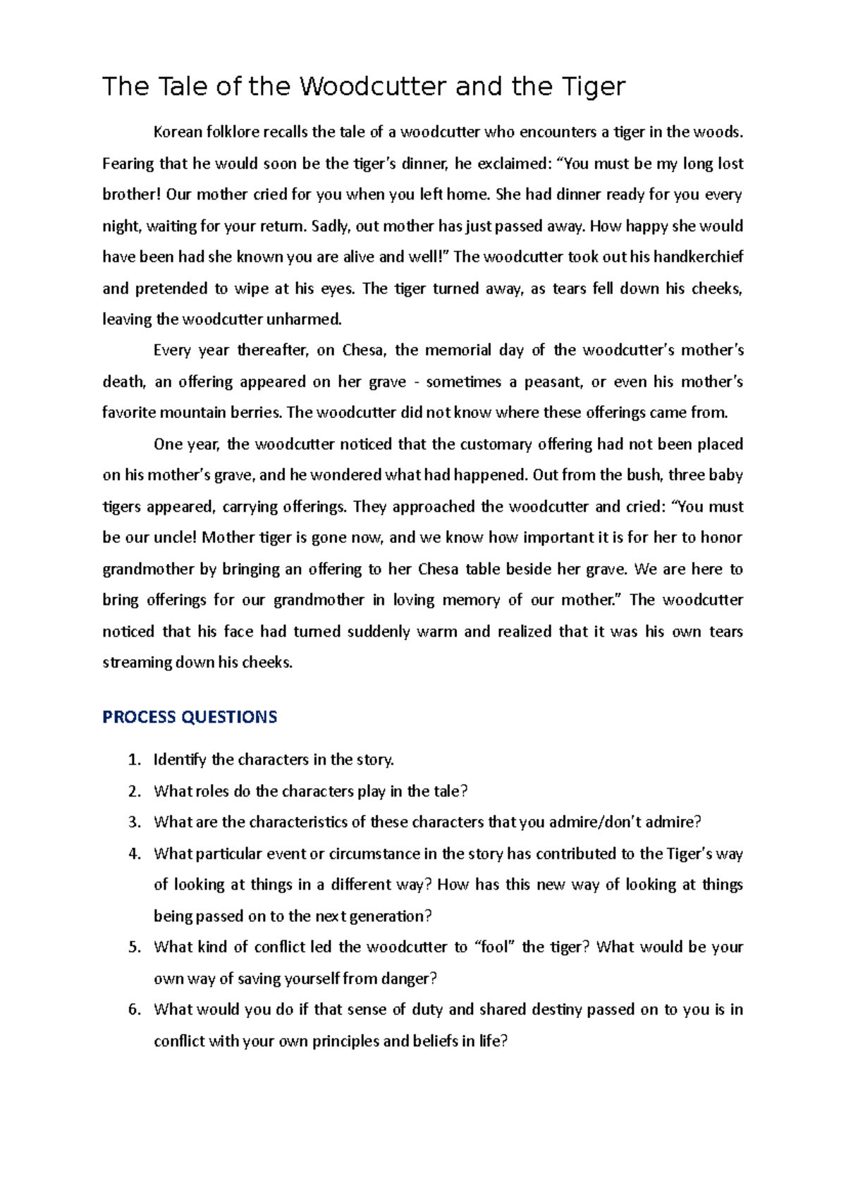 The Tale of the Woodcutter and the Tiger-Reading Assessment - English ...