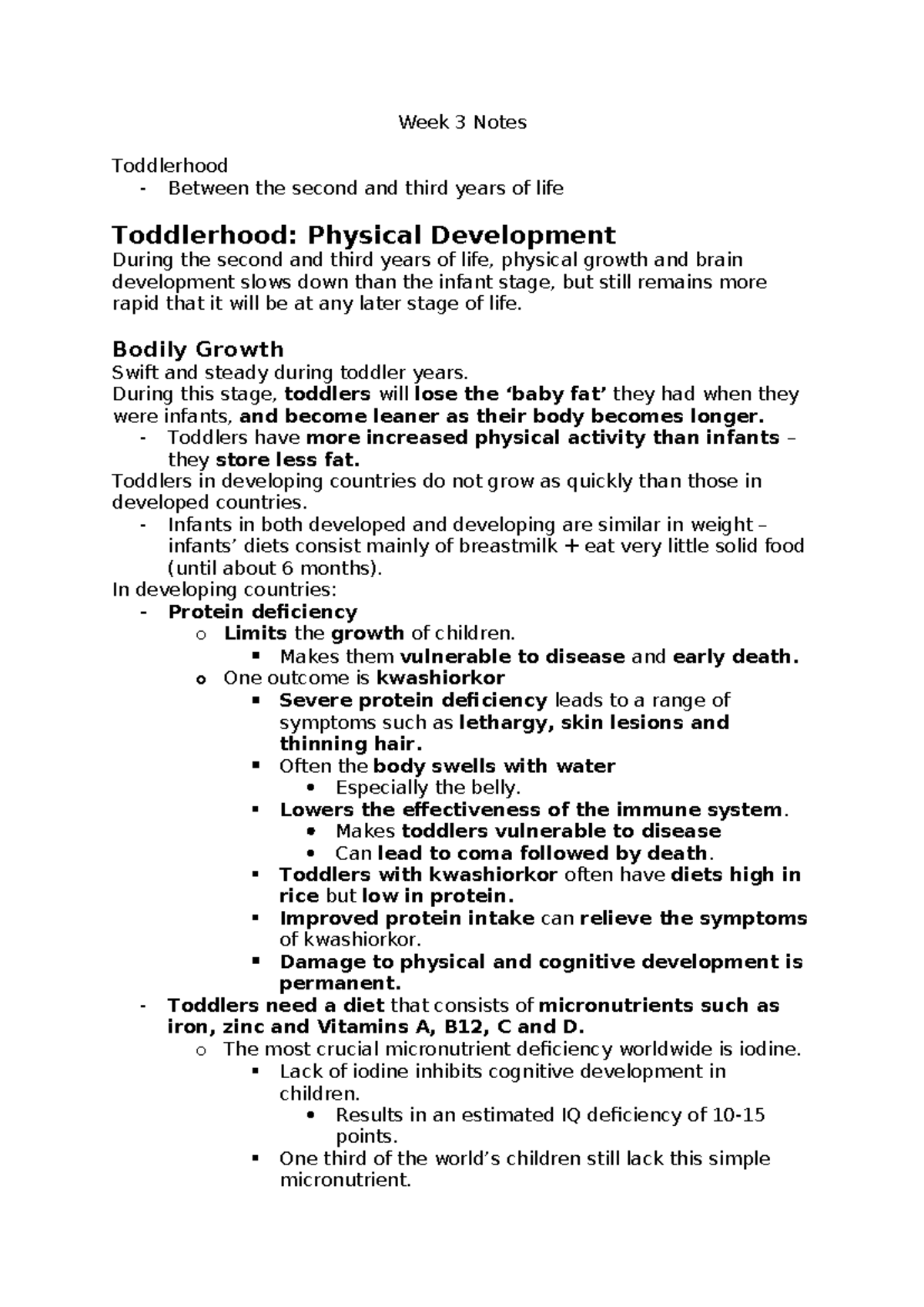 Week 3 Notes - Week 3 Notes Toddlerhood - Between the second and third ...
