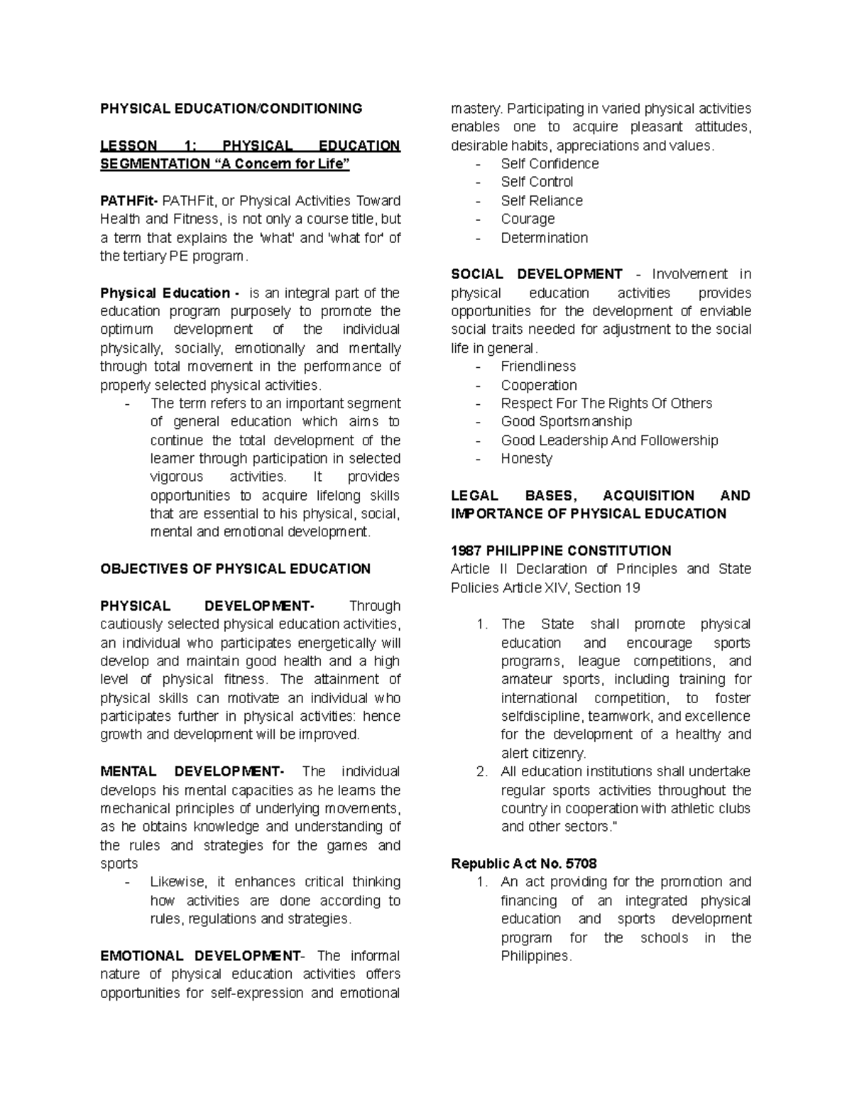 PE prelims - notes - PHYSICAL EDUCATION/CONDITIONING LESSON 1: PHYSICAL ...